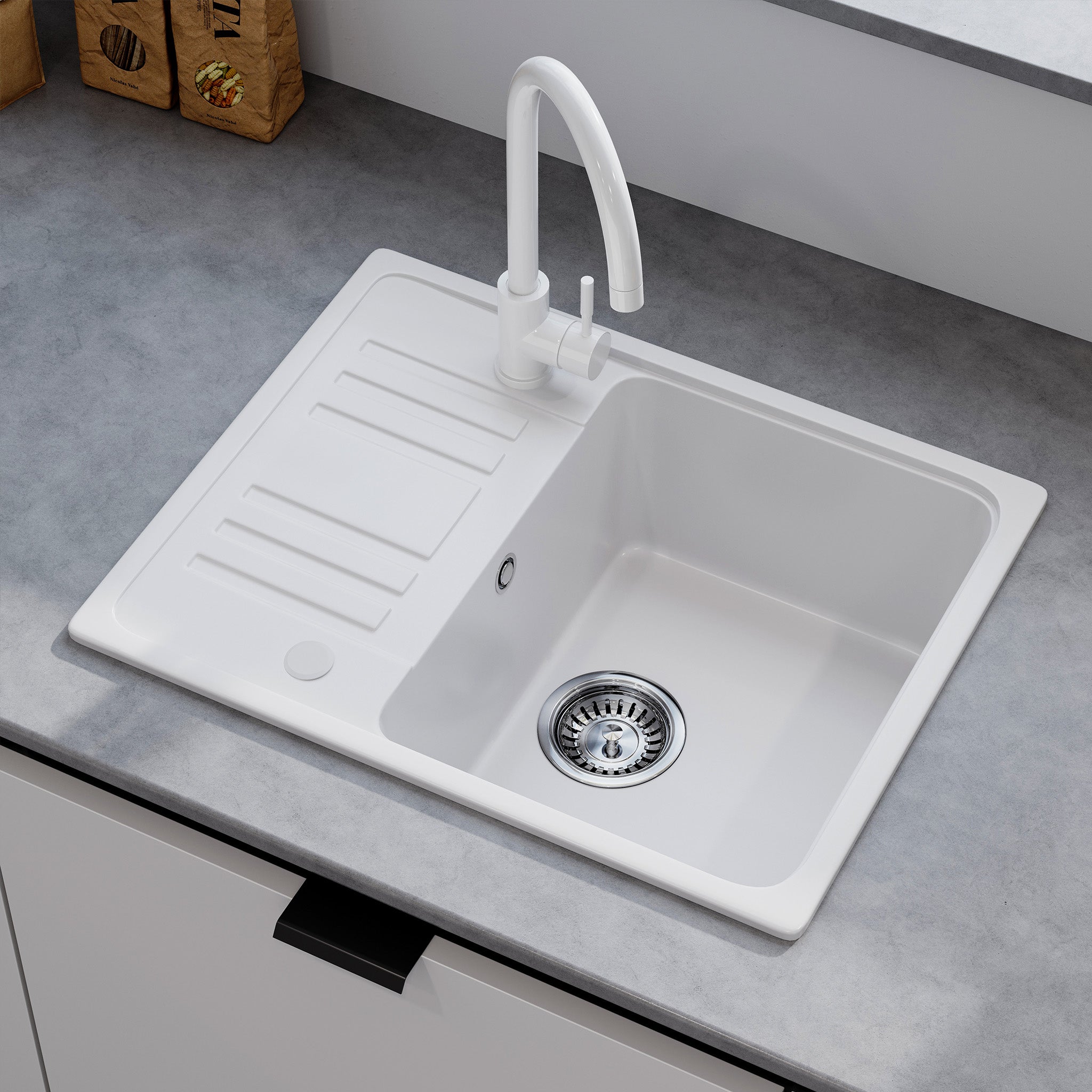 57x45 cm Évier en granit blanc, 1 bac encastrable de, lavabo de cuisine ...