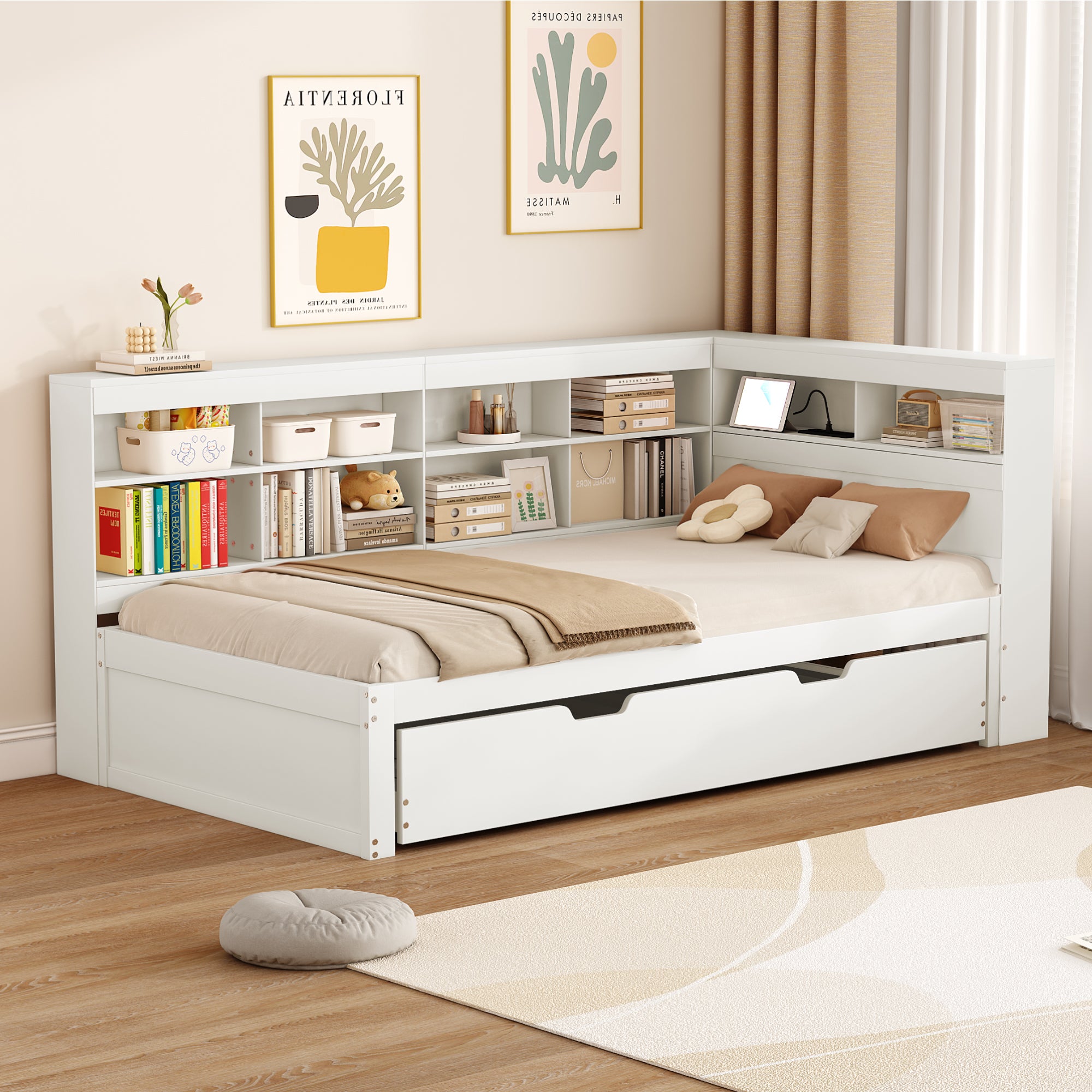 Lit banquette 90x200cm en bois - avec lit gigogne 90x190cm et prise USB ...