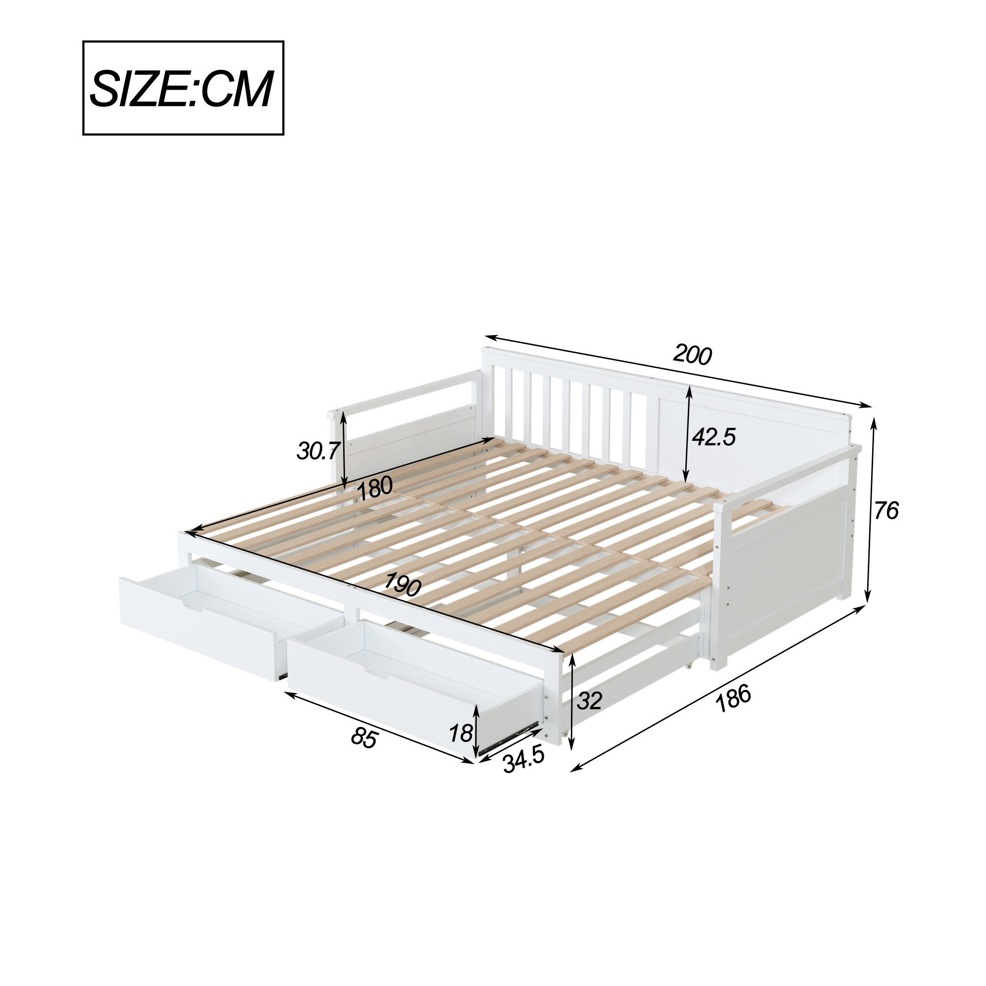 Lit gigogne 90 x 190 cm/180 x 190 cm avec 2 tiroirs - bois massif - blanc | Leroy Merlin