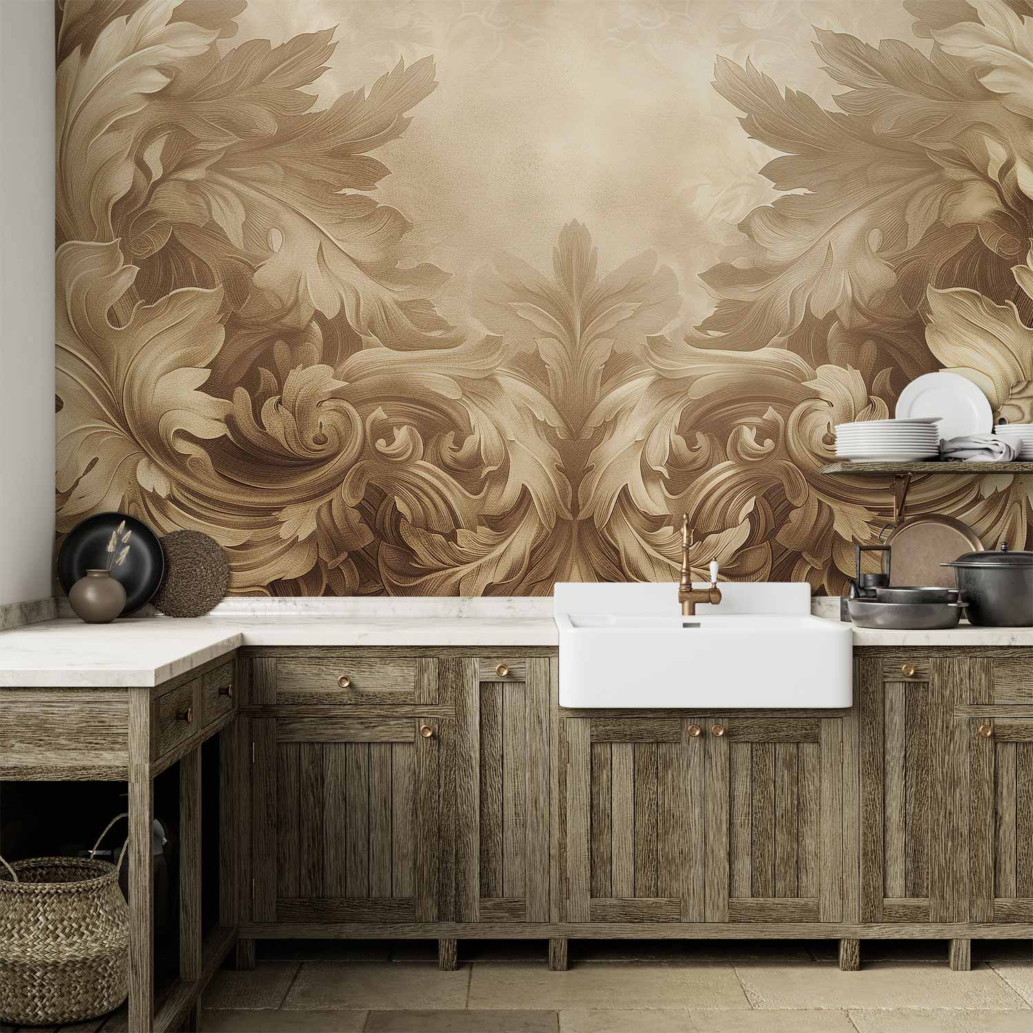 Papier peint - Carved Baroque Ornaments: Rich Composition in Sepia ...