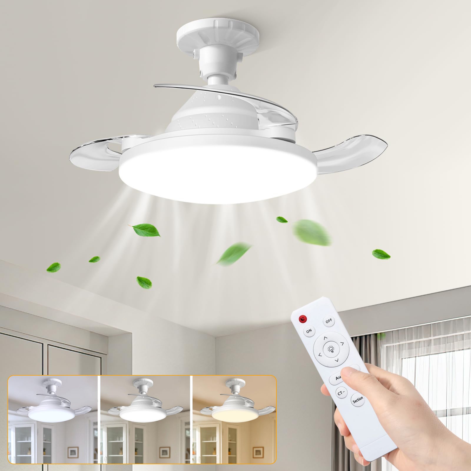 Ventilador de techo luces LED y mando distancia, pequeño ventilador LED, 3 velocidades, 3 ...