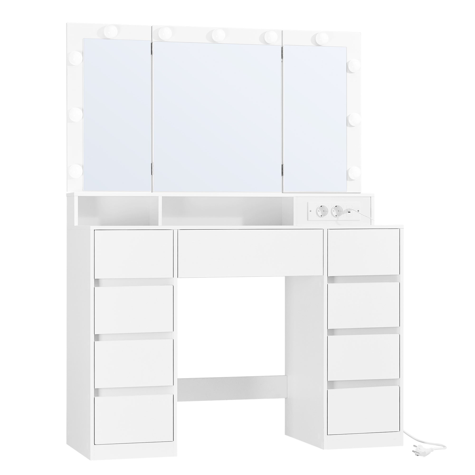 Table de Maquillage avec 9 Tiroirs, Miroir Triple Pliable, Éclairage ...