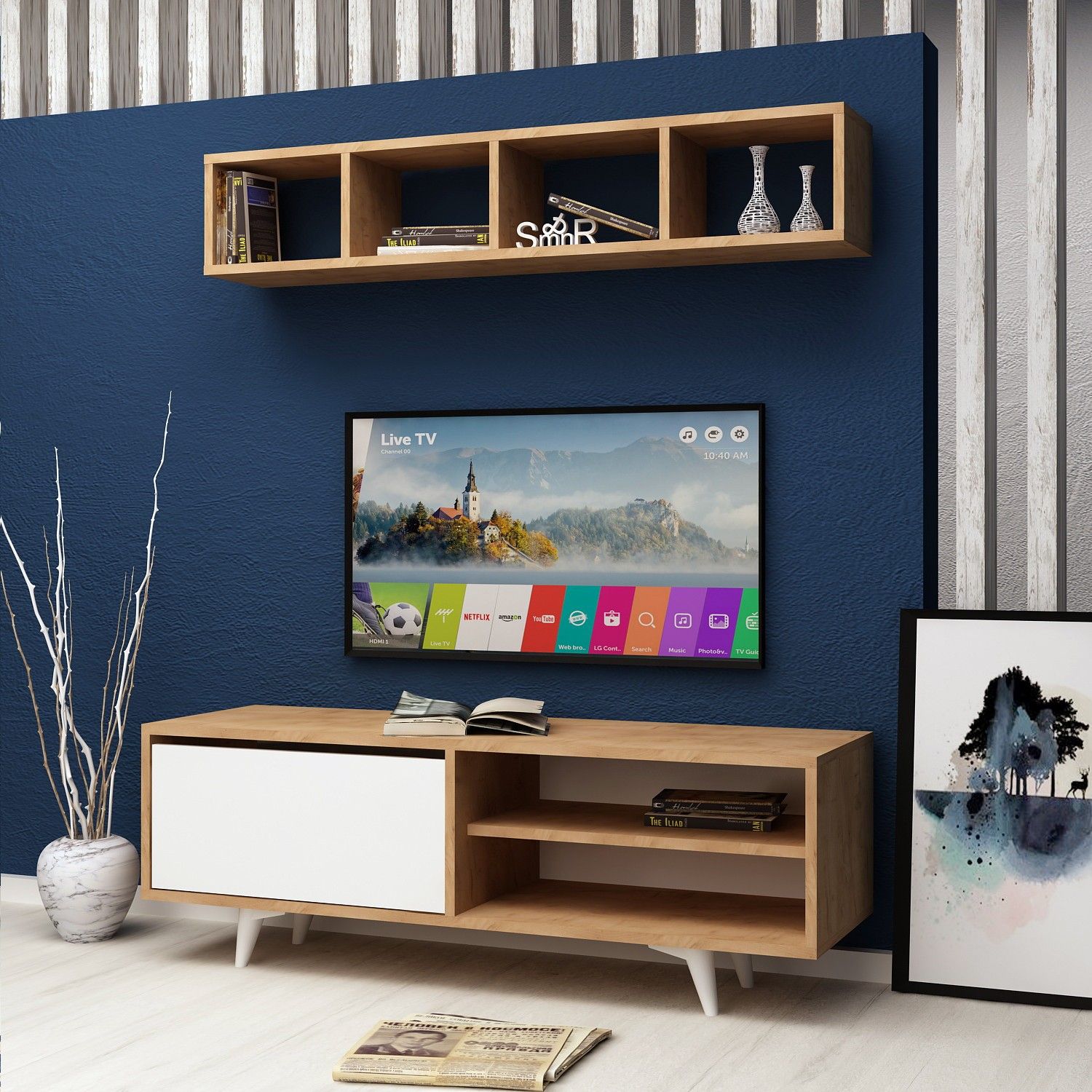 Ensemble meuble TV mural avec étagère L120cm Polmao Chêne et Blanc ...