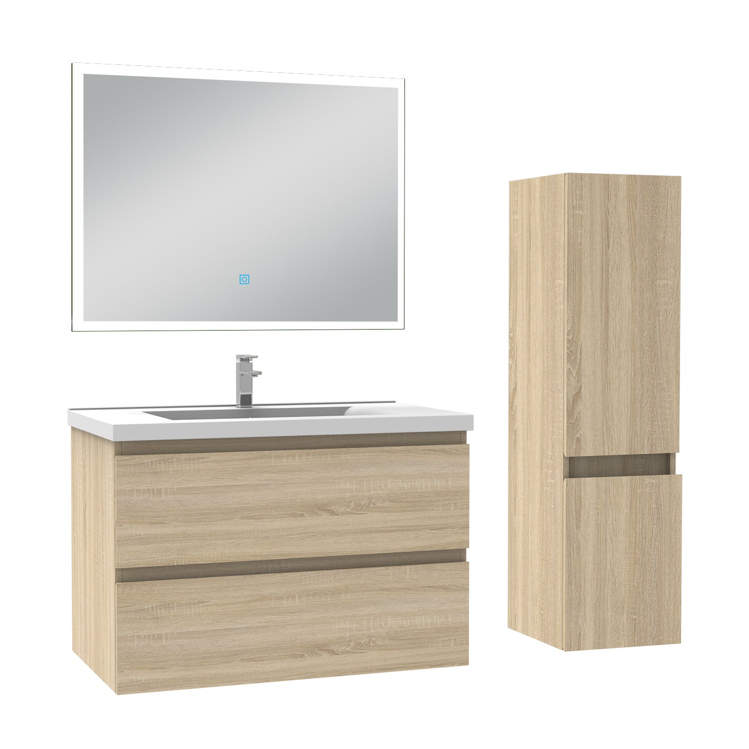 Meuble Salle de Bain 60cm vasque + colonne + miroir lumineux Chêne ...