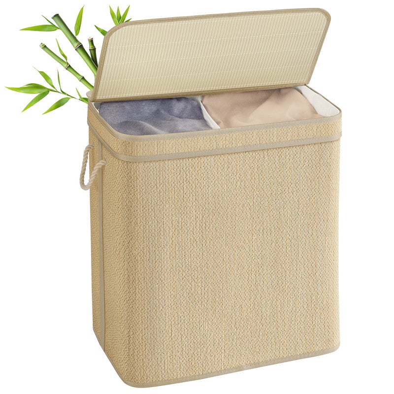 Panier à Linge en Bambou 2 Compartiments, Sac Amovible et Lavable en ...