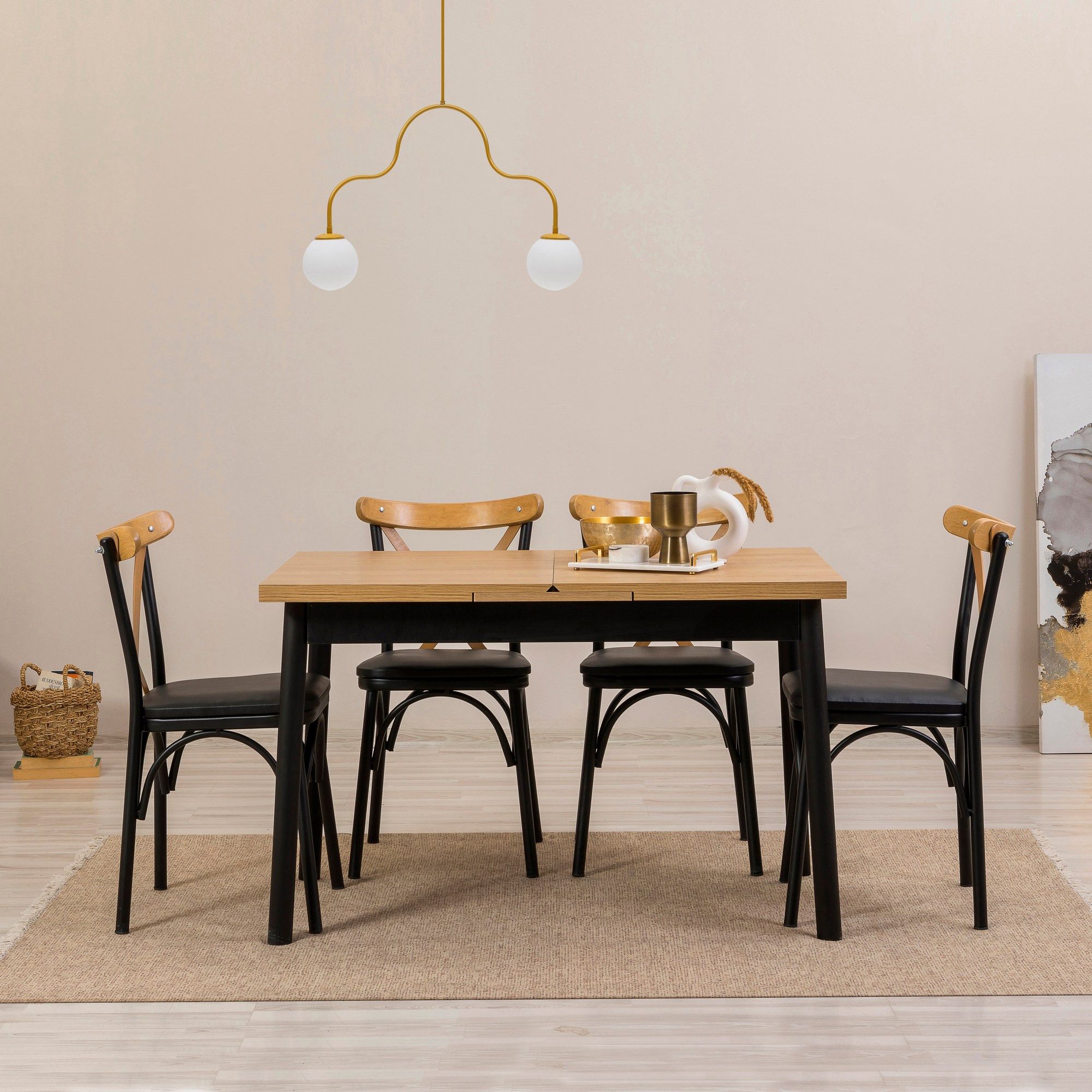 Ensemble 4 chaises et 1 table extensible Iridus Noir et Bois clair ...