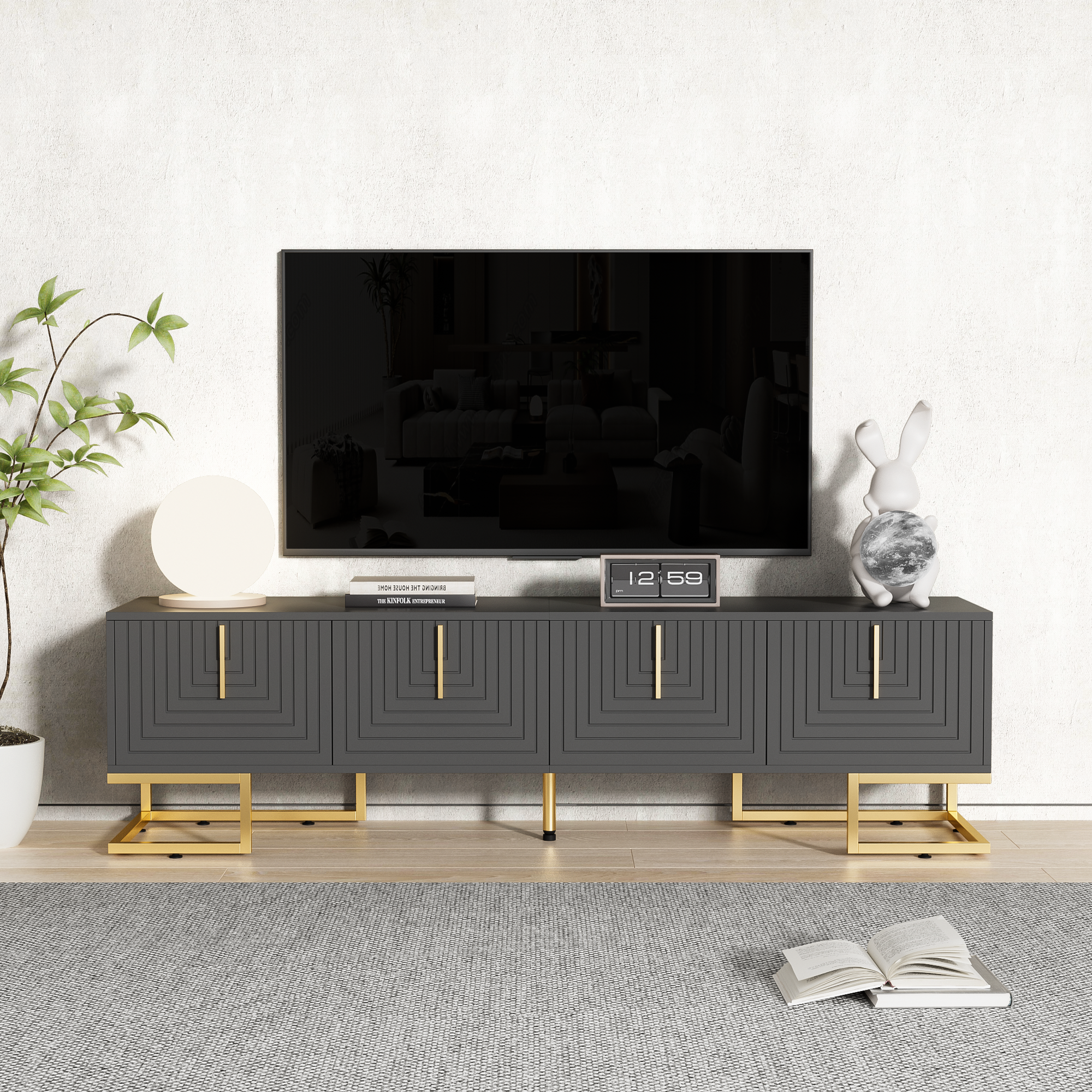 Meuble TV Lowboard 170cm - Finition grauschwarz - Griffes et pieds ...