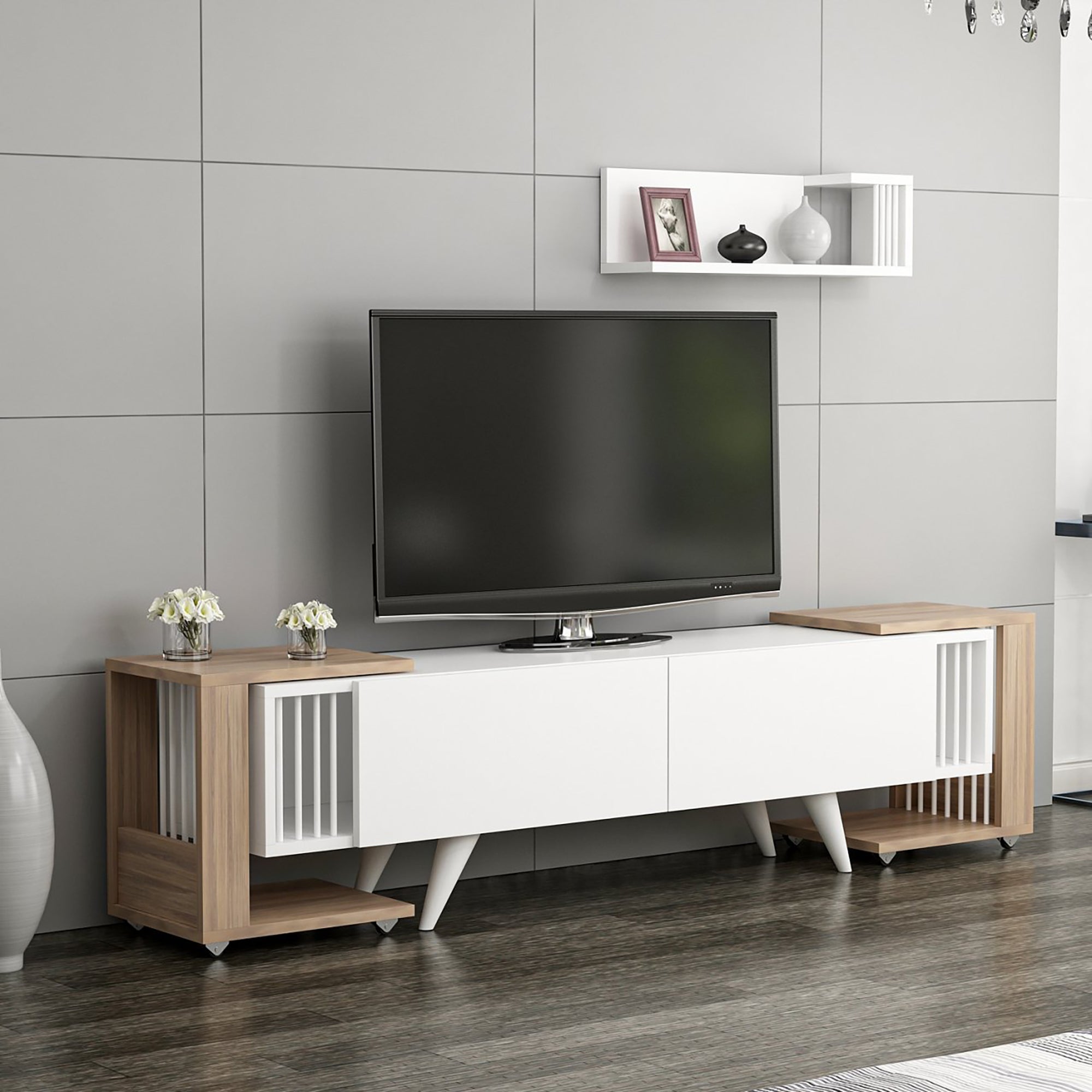 Meuble TV Glostrup avec 2 tables d'appoint et une étagère murale effet ...