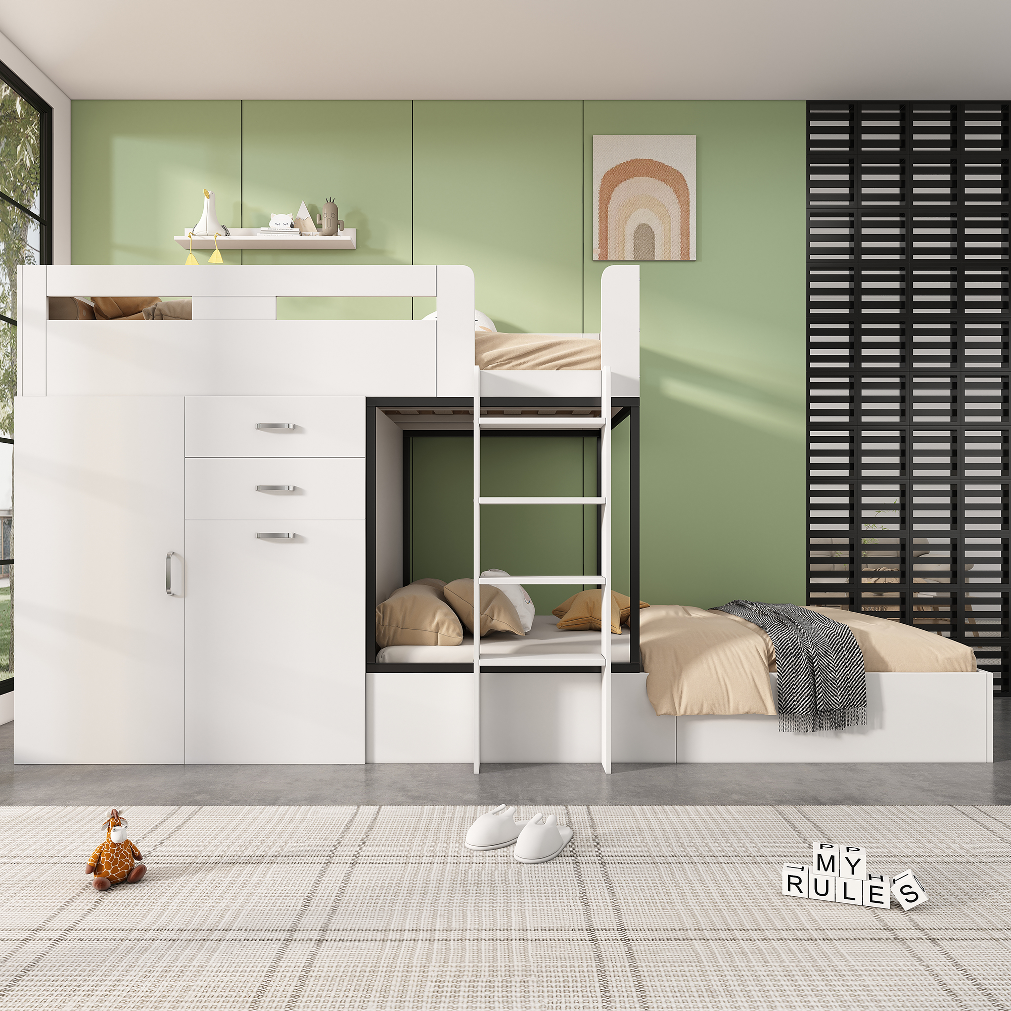 Litera multifuncional - 2x90x200 cm - con armario y escritorio corredero - Blanco (sin colchón ...