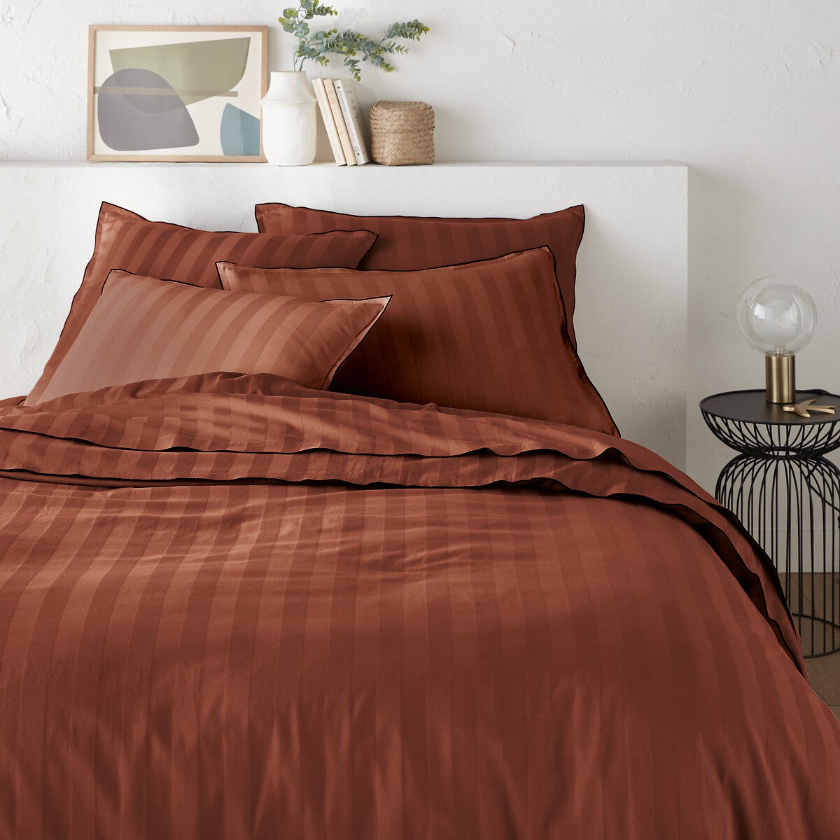 Housse de couette satin de coton lavé, Victor rayé - Acajou - 160 x 210 ...