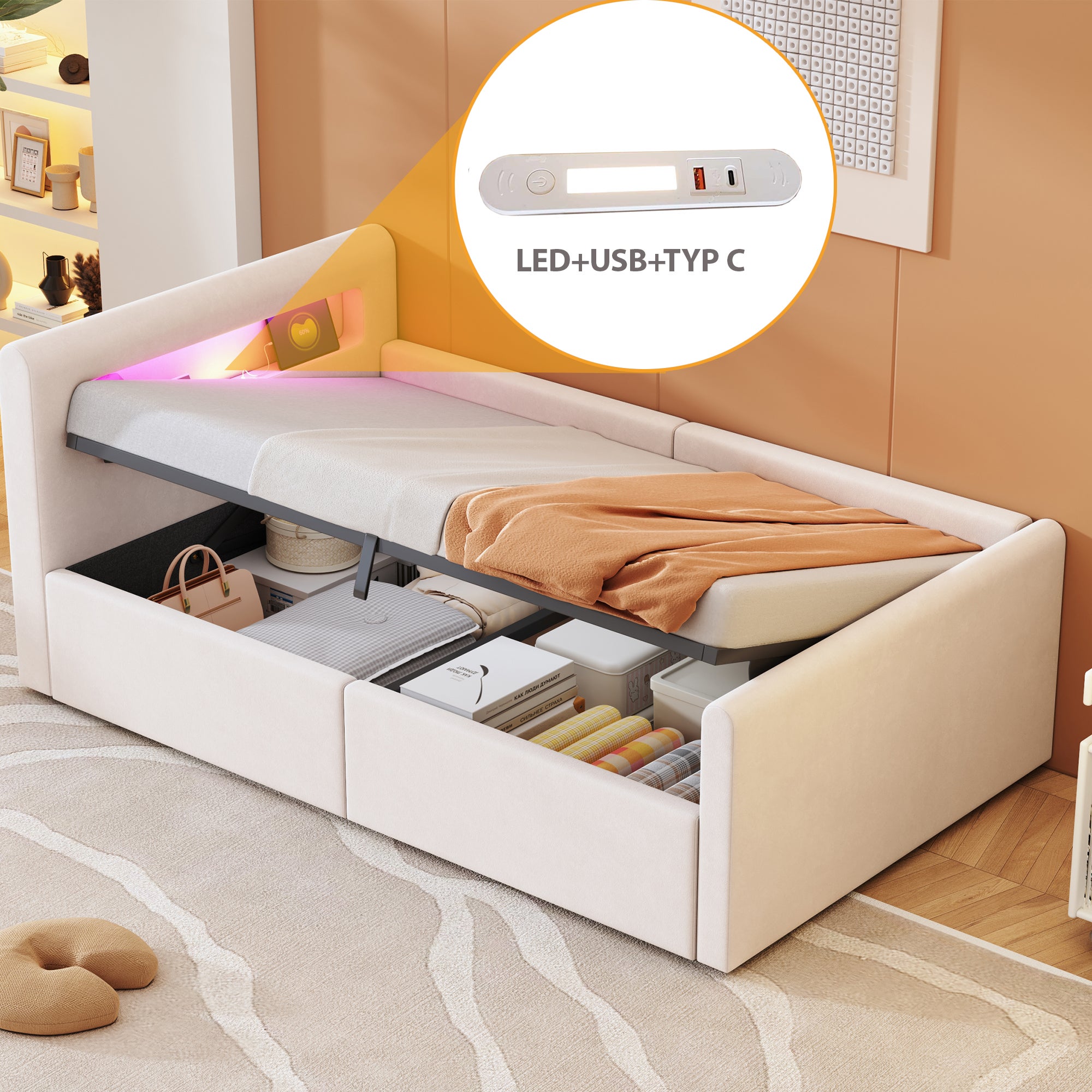 Cama Baúl Cama Niño Individual 90x200 cm - LED & Carga USB ...