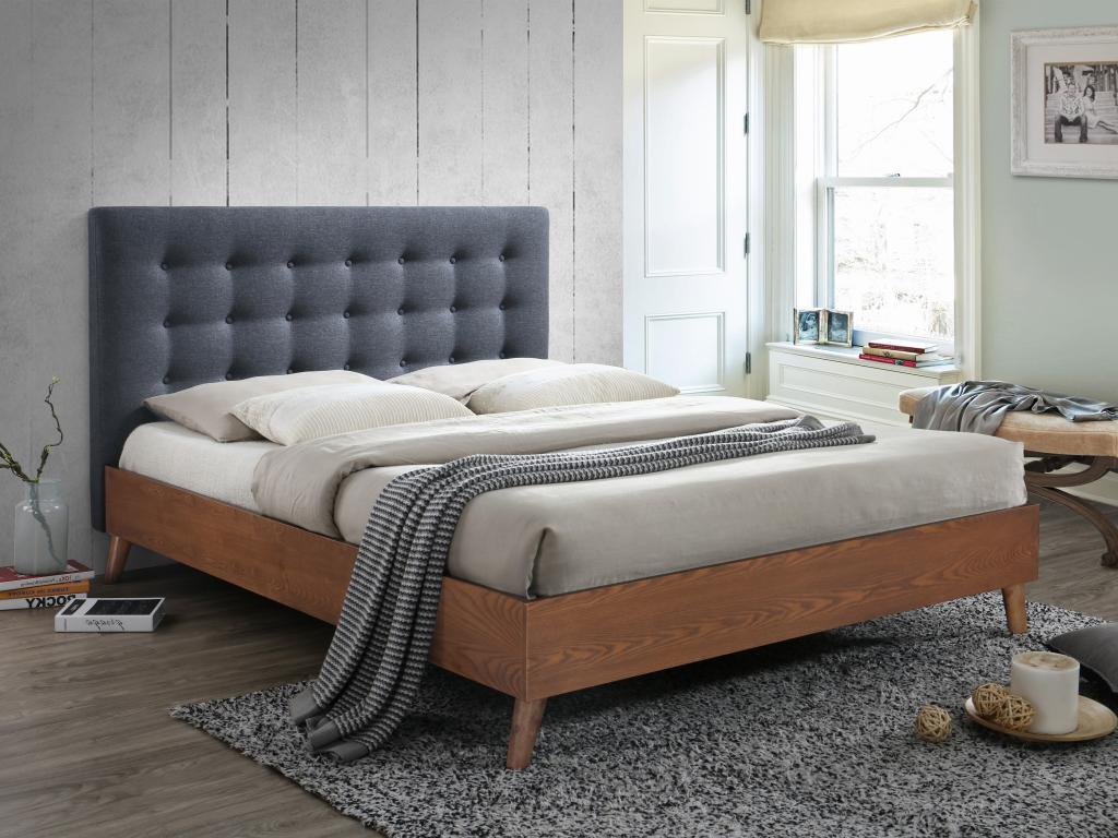 Lit 160 x 200 cm avec tête de lit capitonnée - Tissu - Gris + Matelas ...