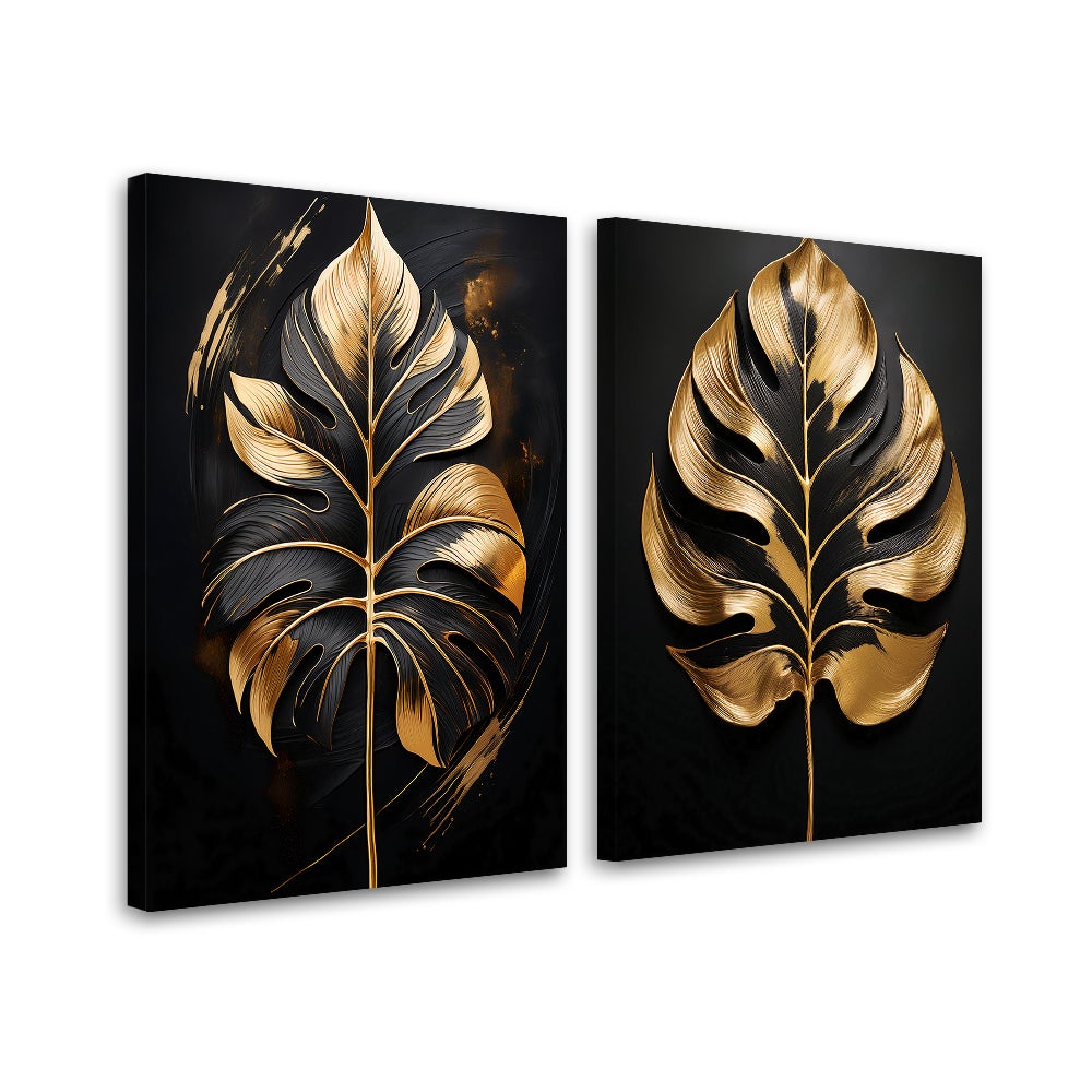 Lot de 2 tableaux pour salon chambre, Monstera Golden Glamour Leaves ...