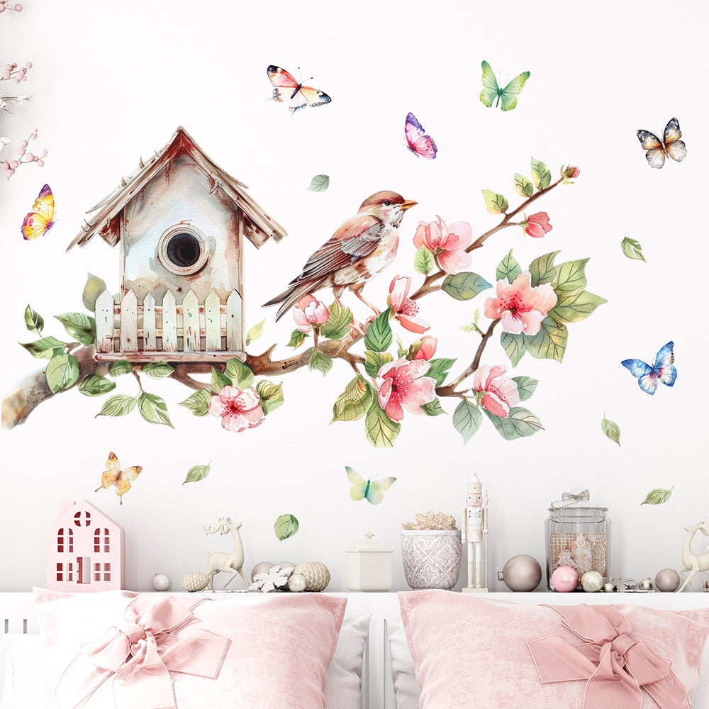 Stickers muraux autocollants à motifs floraux et nichoirs, papier ...
