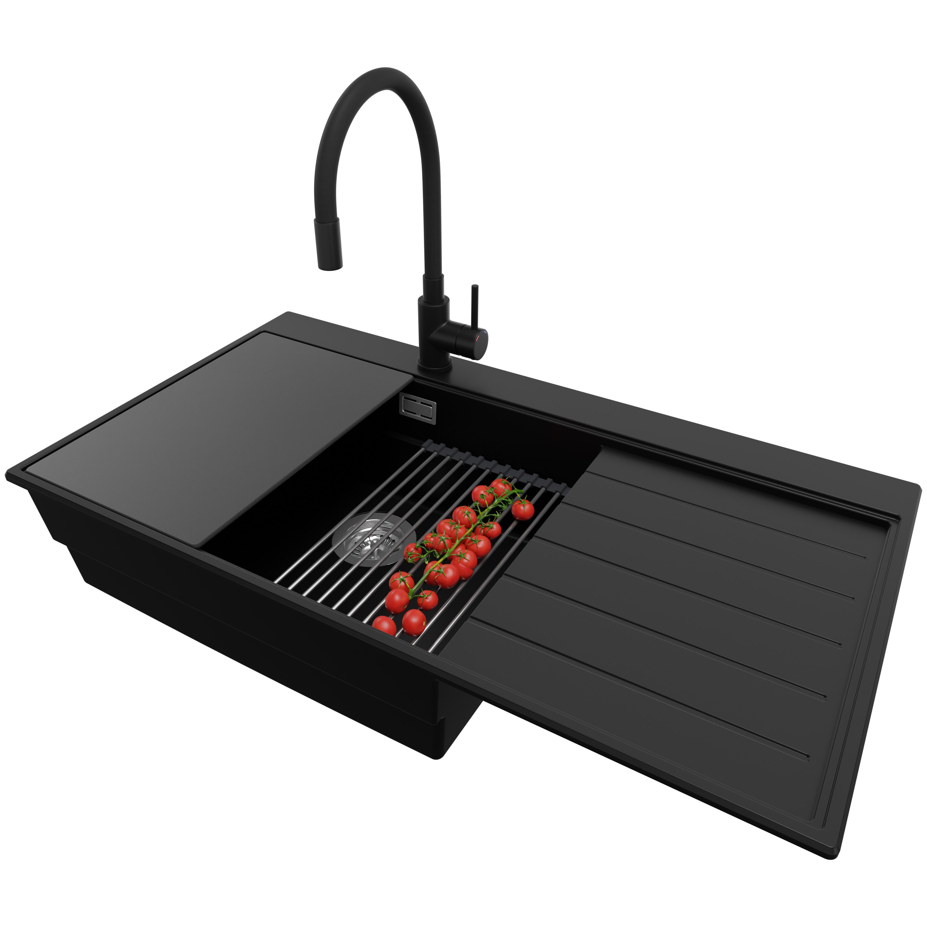 Evier Cuisine en Granit Noir 90x50cm, Lavabo 1 bac + Kit de Vidage ...