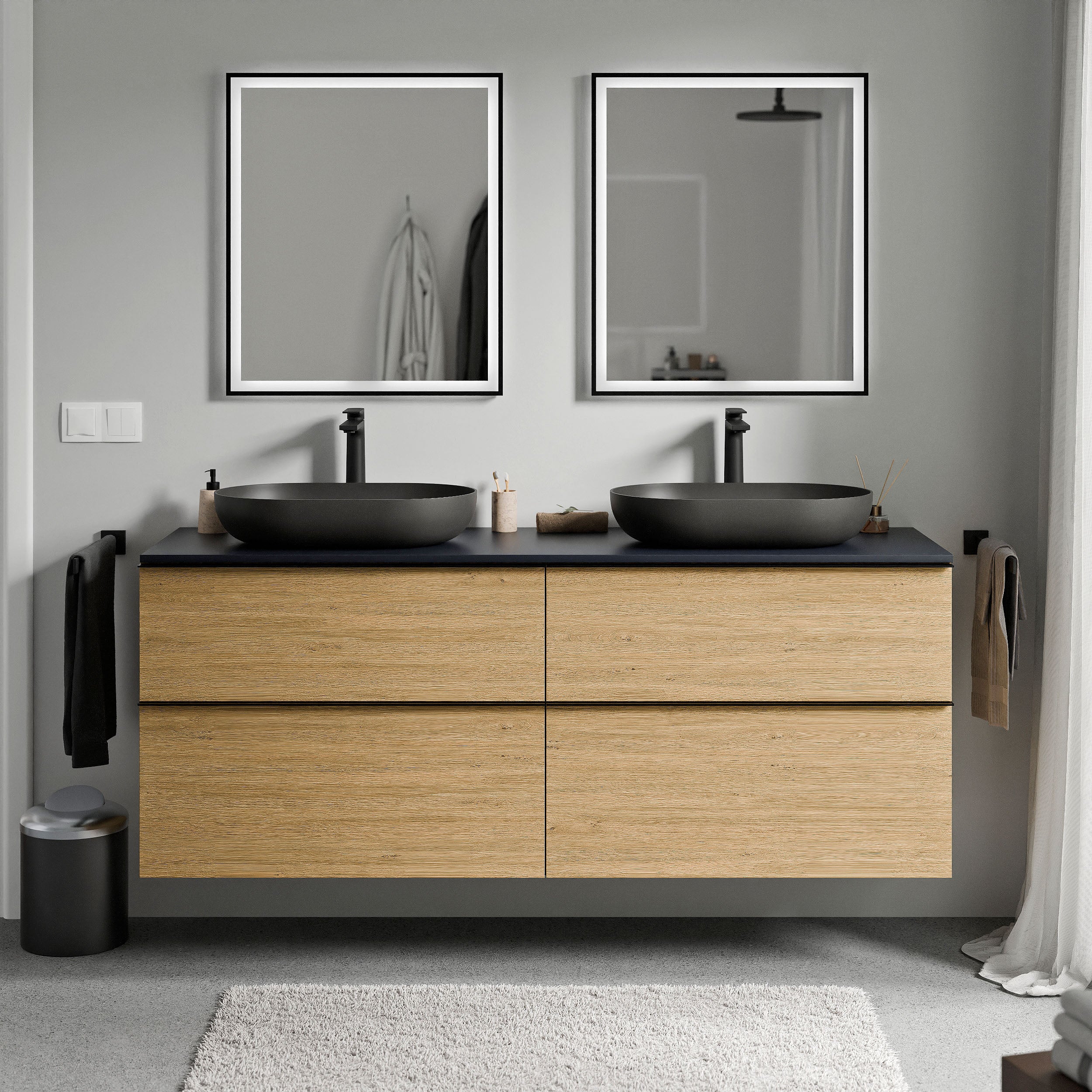 BERNSTEIN - Meuble sous vasque suspendu MDF Chêne miel, plan vasque ...