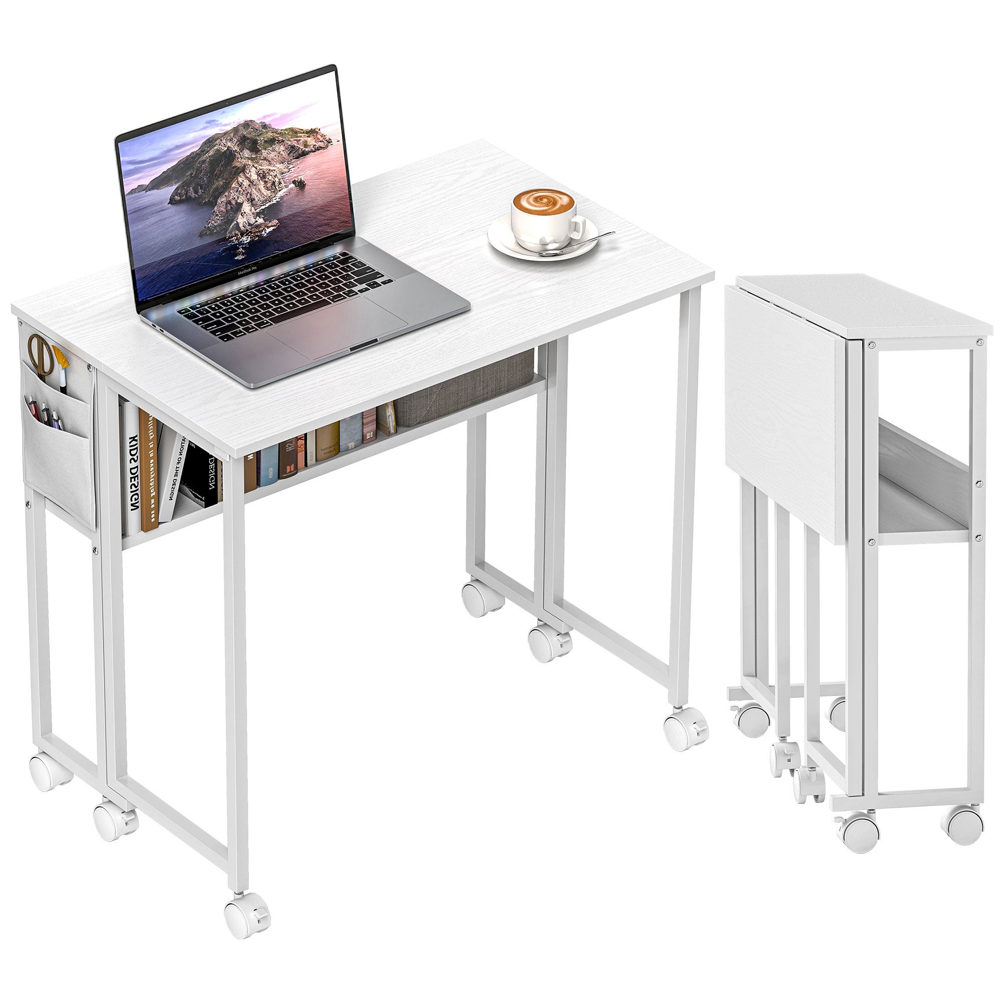 Bureau pliant 80 cm avec étagère de rangement et abattant sur roulettes ...