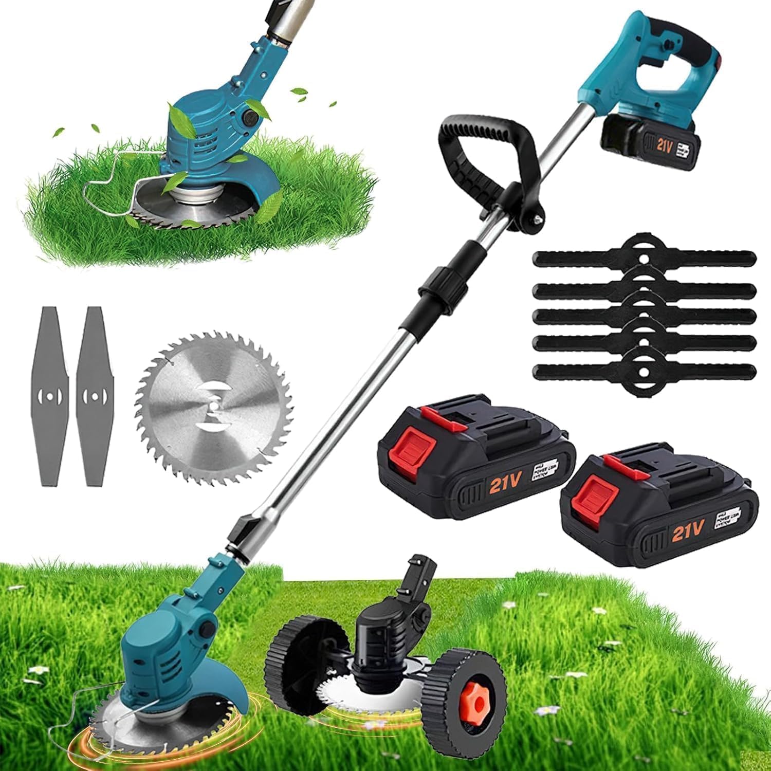 Debroussailleuse Electrique sans Fil 21V, Coupe Bordure sans Fil avec Batterie et Roues, 3 Types ...