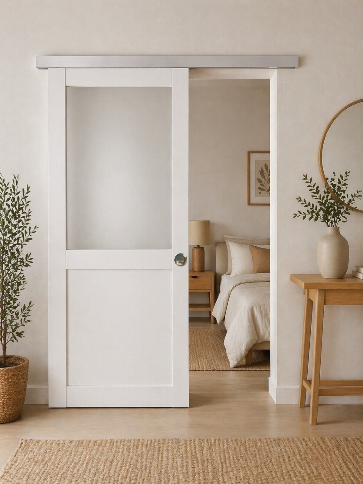 Puerta corredera Athena blanca H204 x L83 cm, riel de aluminio, conchas ...
