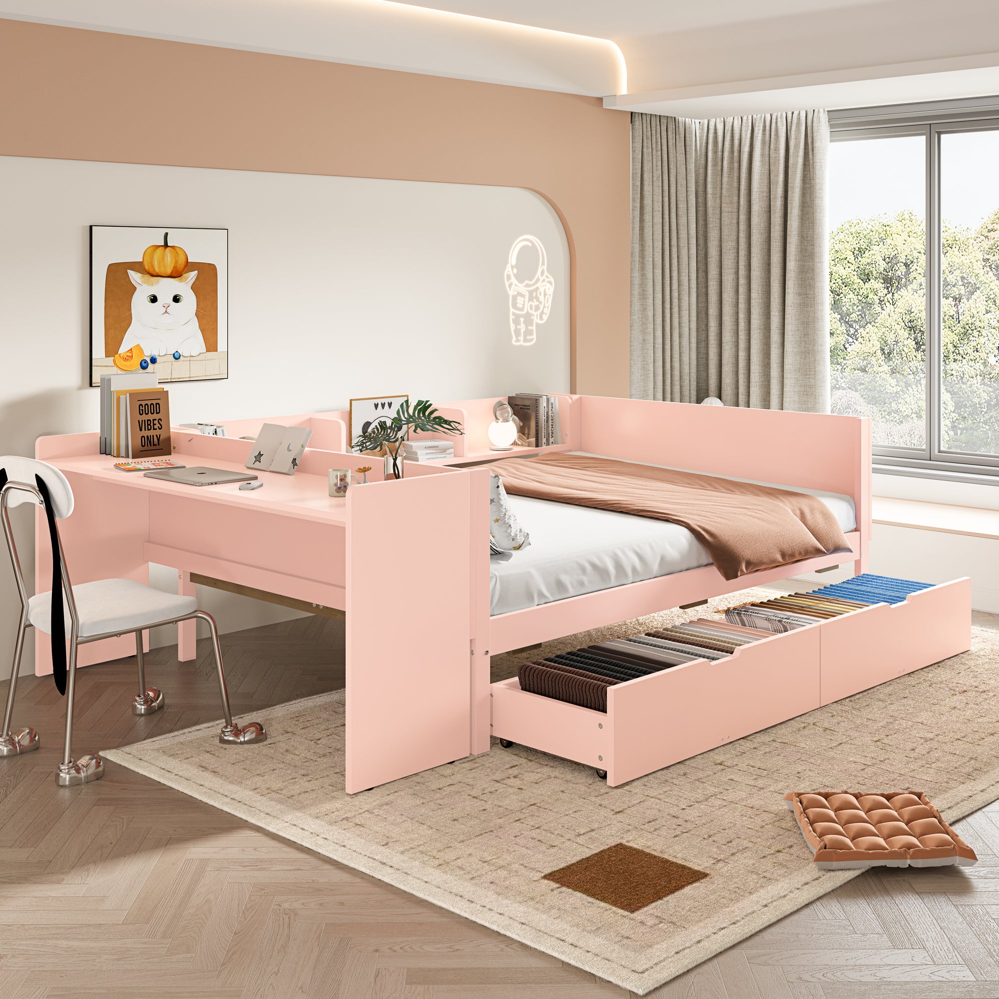 Lit 140 x 200 cm avec 2 tiroirs, étagère et bureau - Pin et panneau de ...