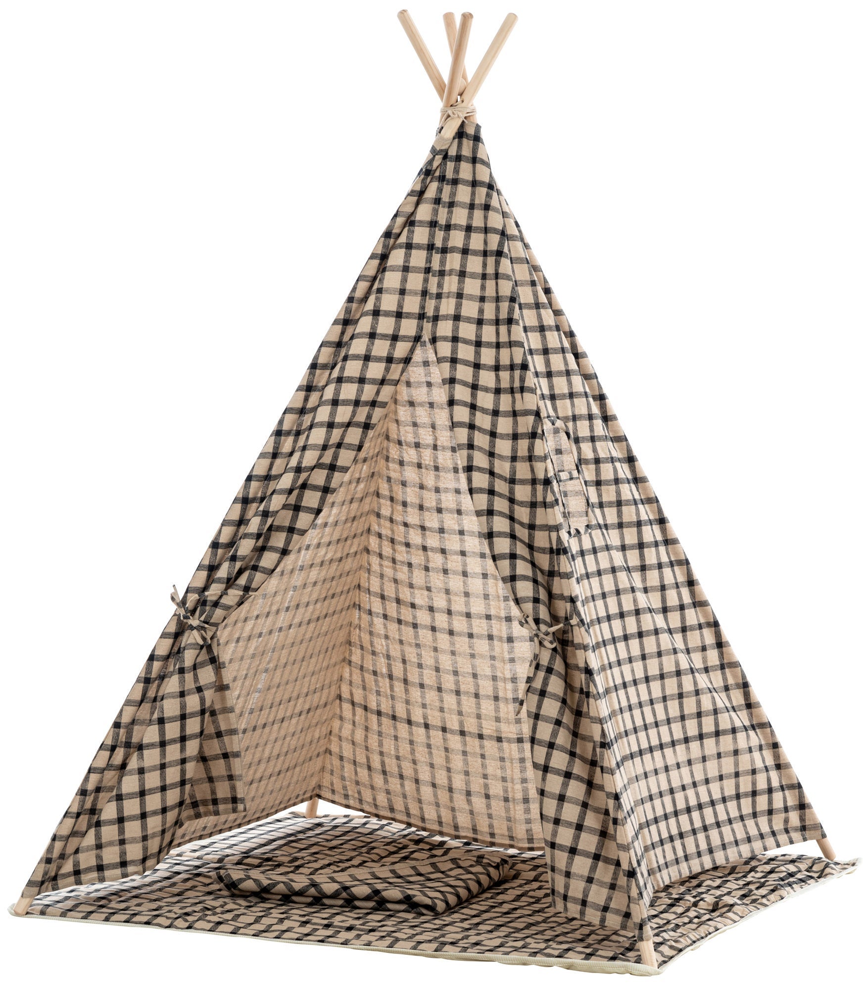 Tienda tipi infantil con lona a cuadros negros y postes de madera ...