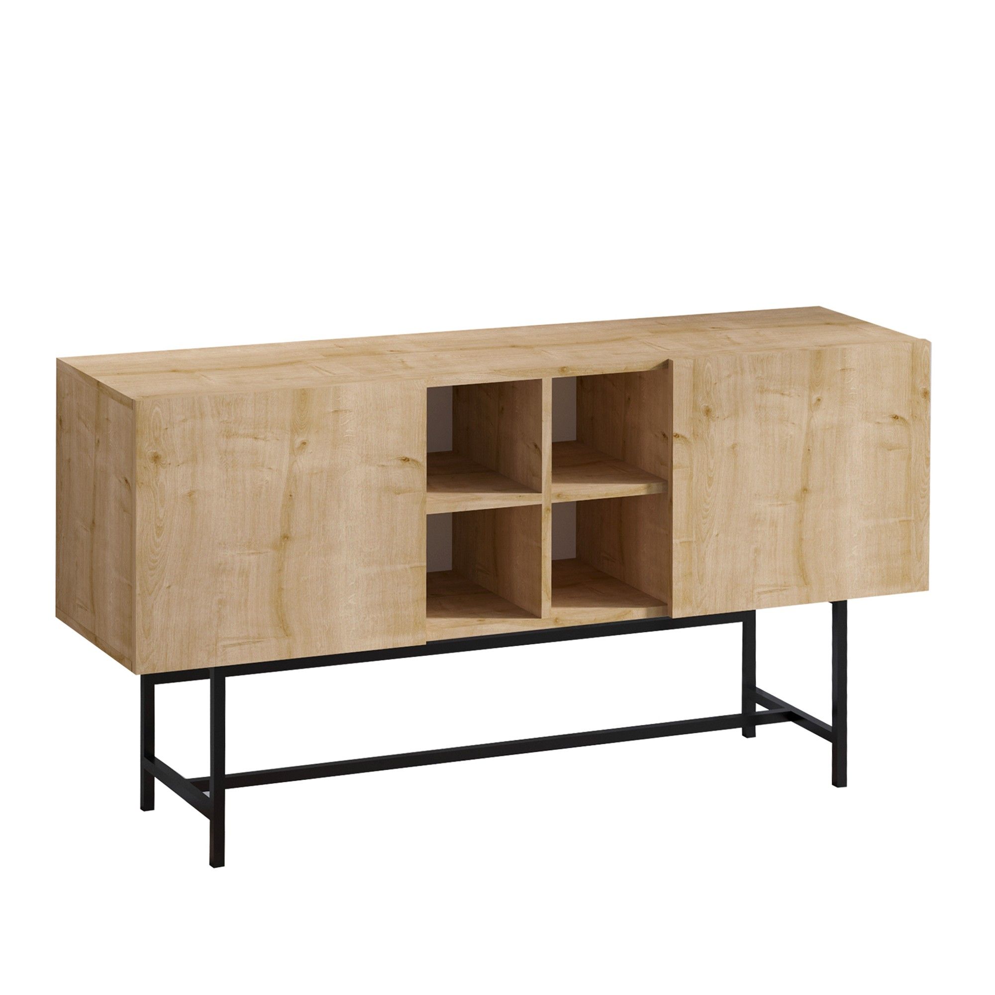Buffet bas 2 portes et 4 étagères Jatit 150cm Métal Noir et Bois ...
