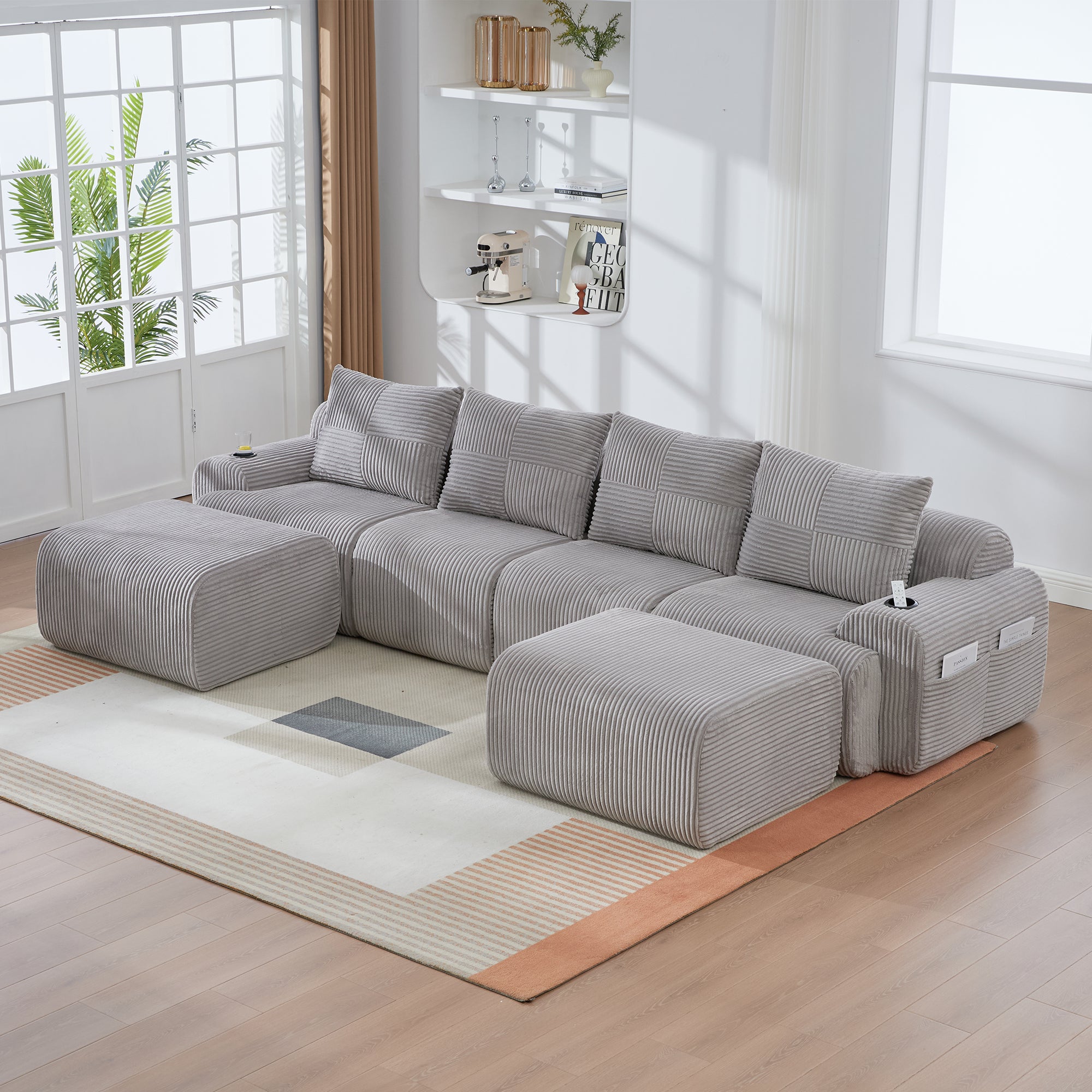 Canapé d'Angle 4 Places Côtelé Gris clair 333x174x80 cm, Canape ...