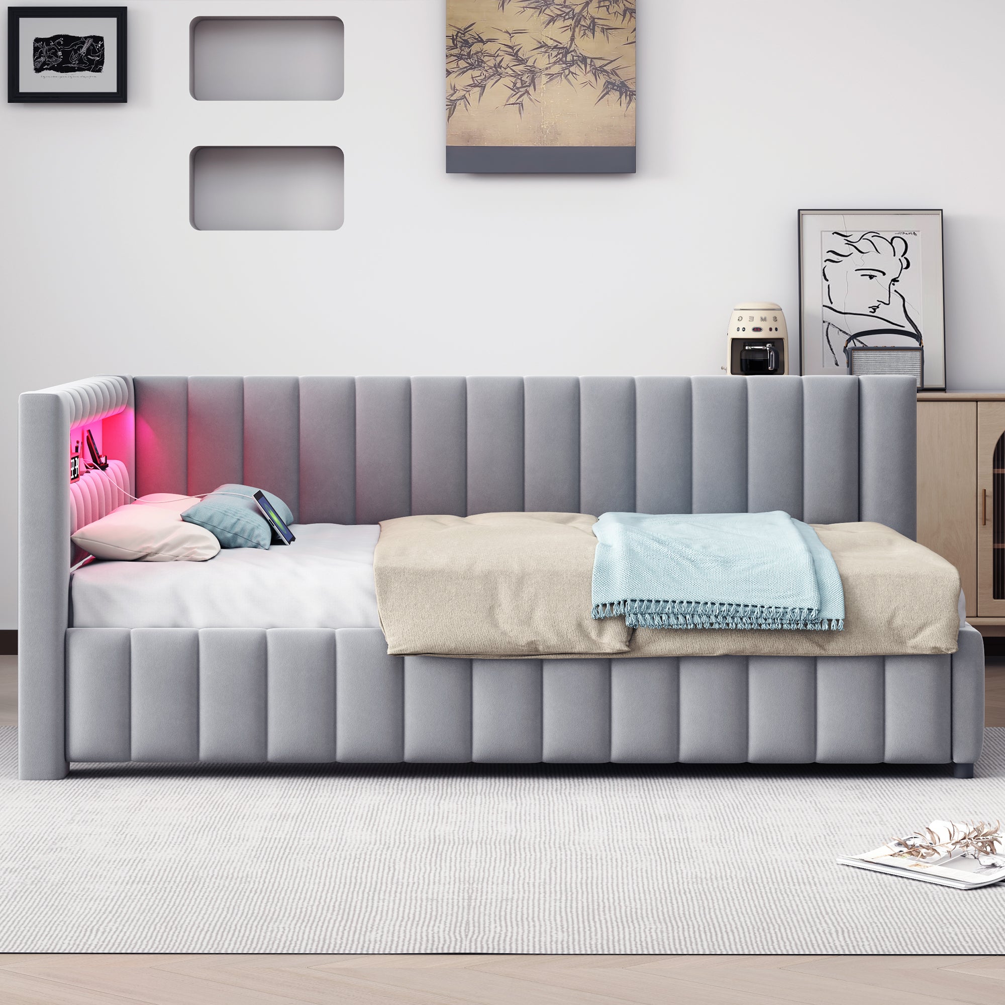 Lit adulte capitonné 160x200cm avec lumière LED et port de chargement ...