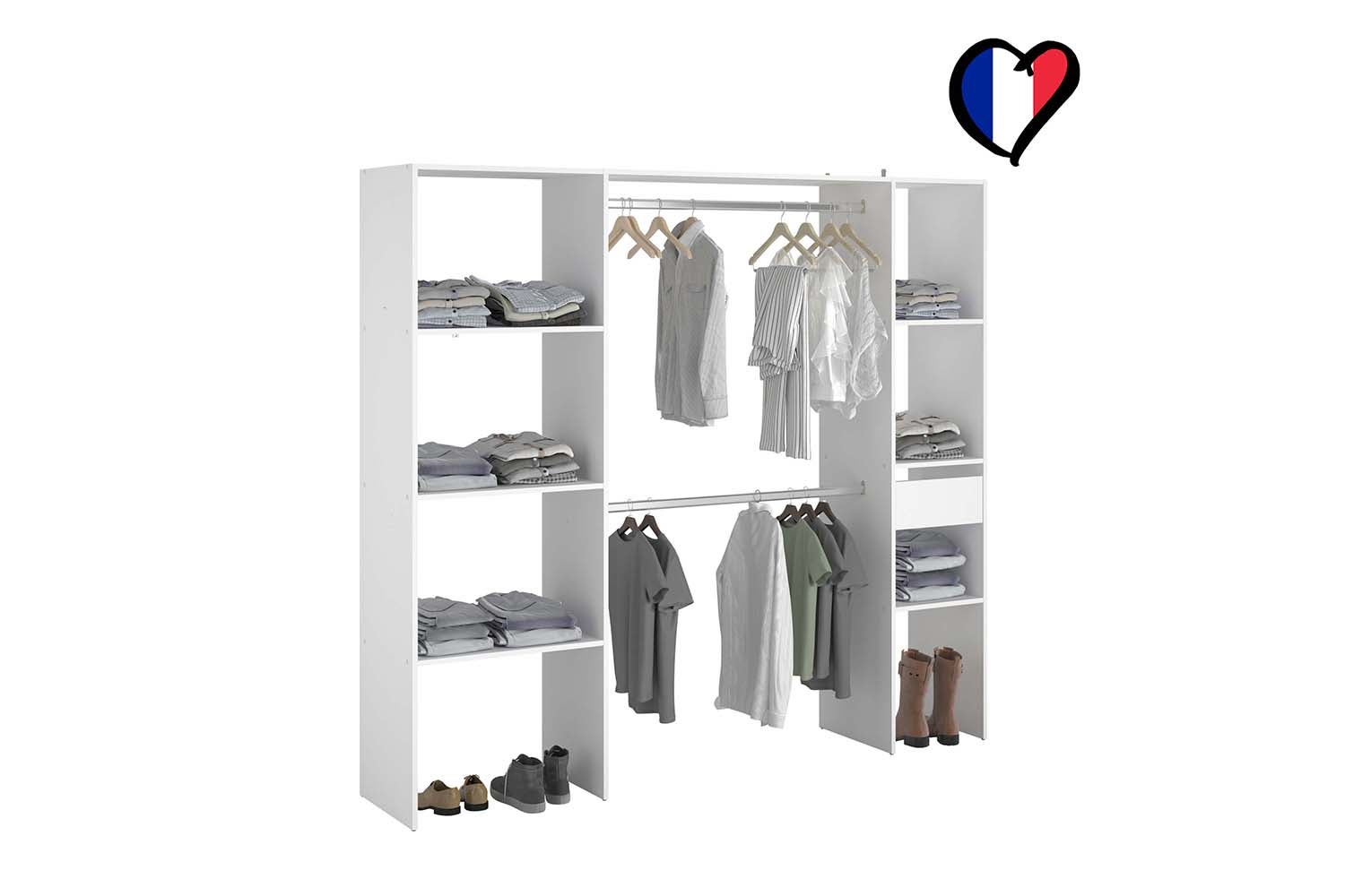 Dressing blanc 6 étagères, 1 tiroir, 2 penderies 198 x 40 x 180 cm ...