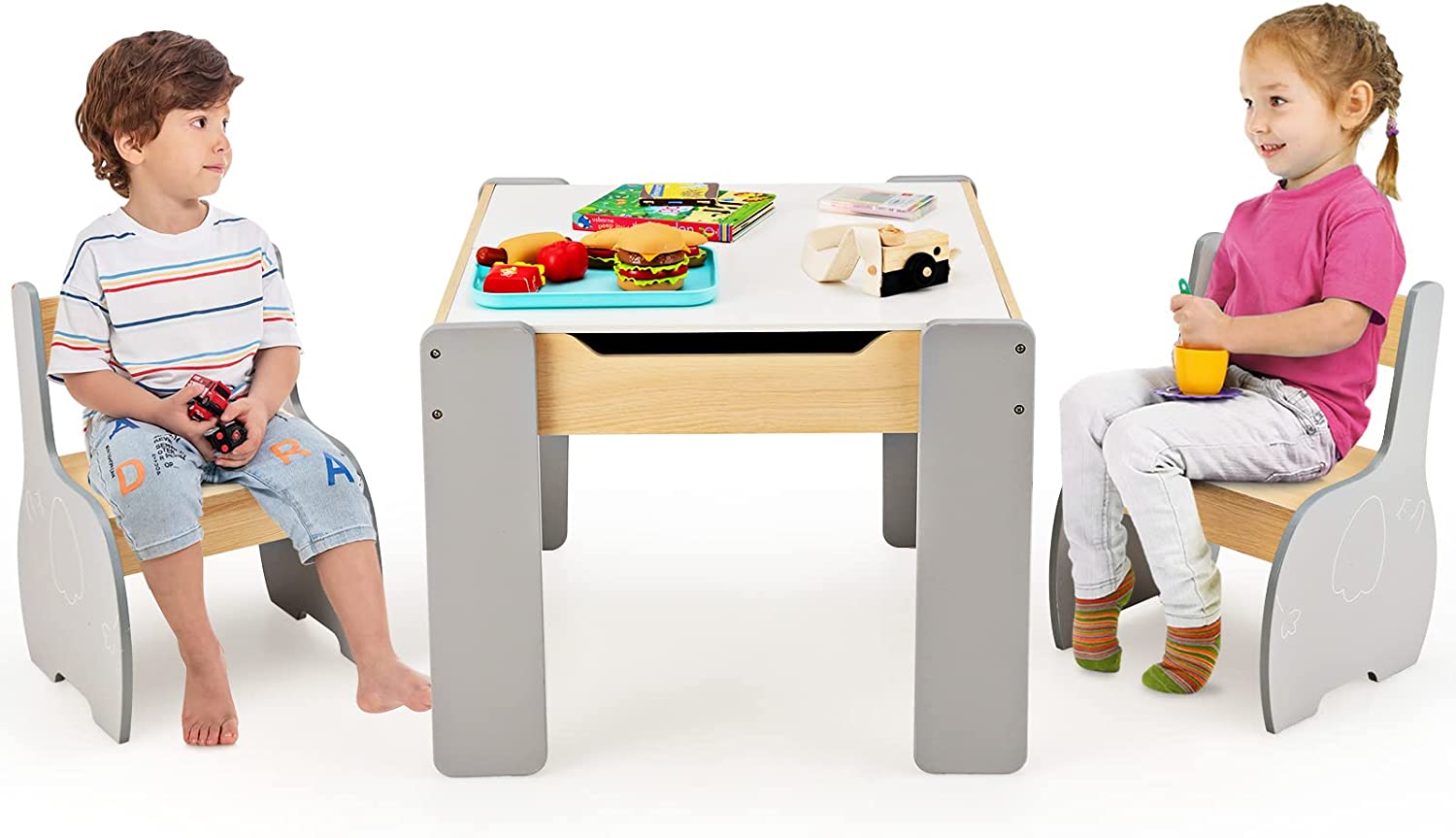 Table Enfants avec 2 Chaises et Tableau Amovible, Espace de Rangement ...