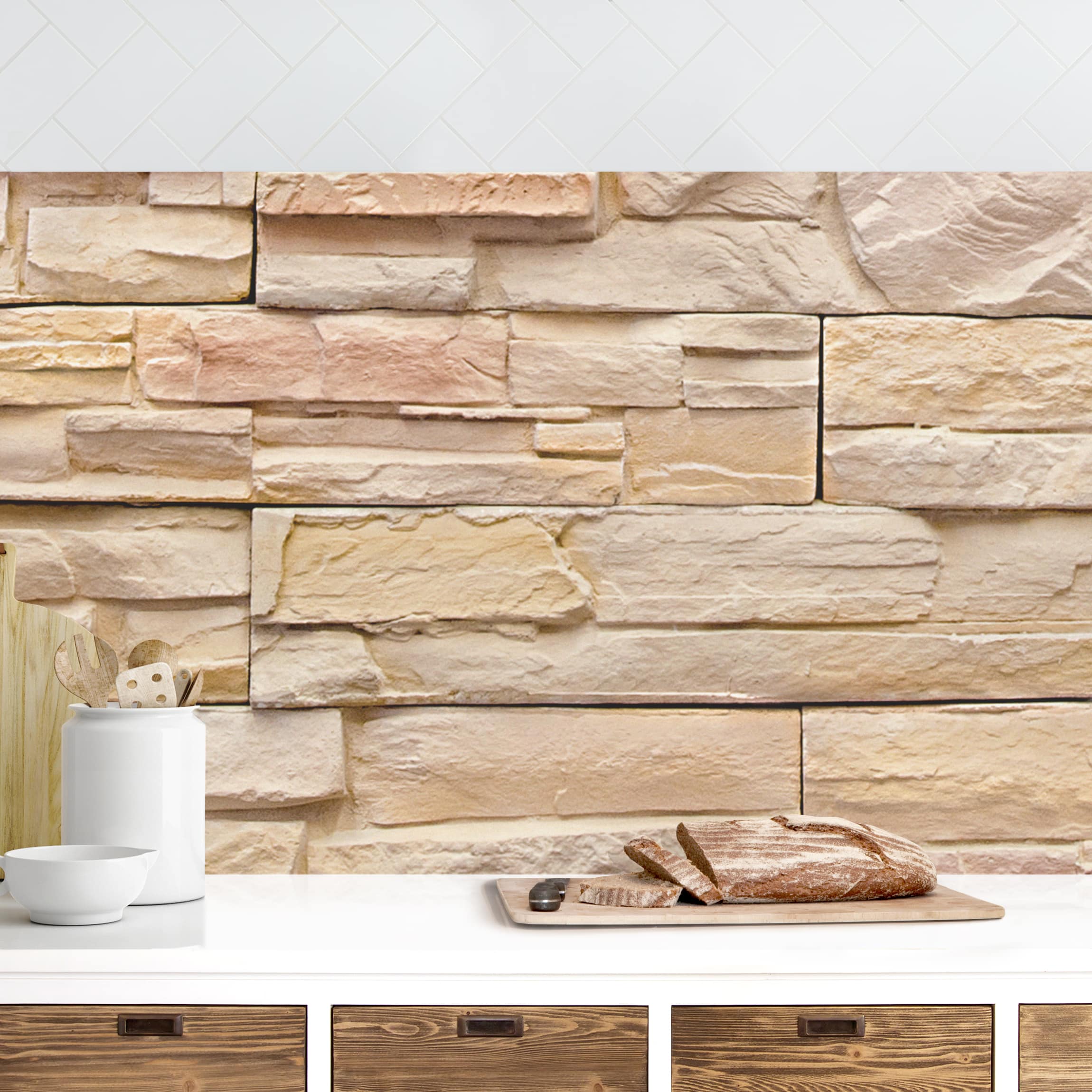 Crédence cuisine - Asian Stonewall - Grand mur de pierre claire en ...