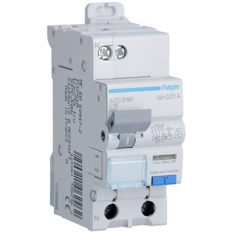 Disjoncteur différentiel 1P+N 4.5-6kA courbe C - 16A 10mA type AC ...