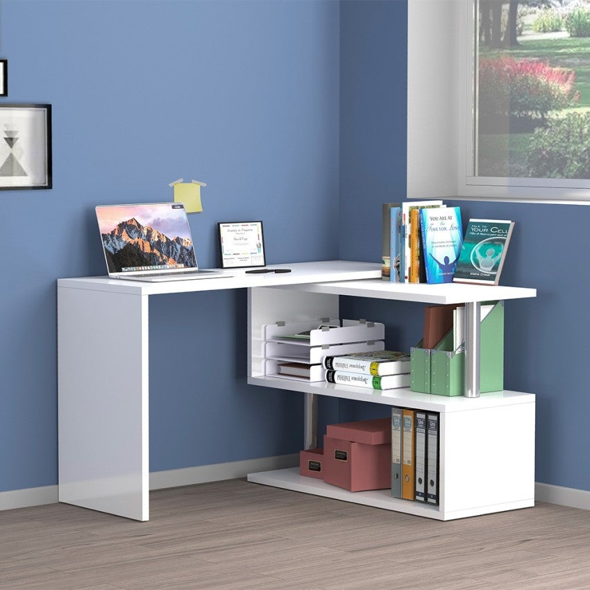 Bureau d'angle pivotant blanc pour maison et bureau avec 2 étagères ...