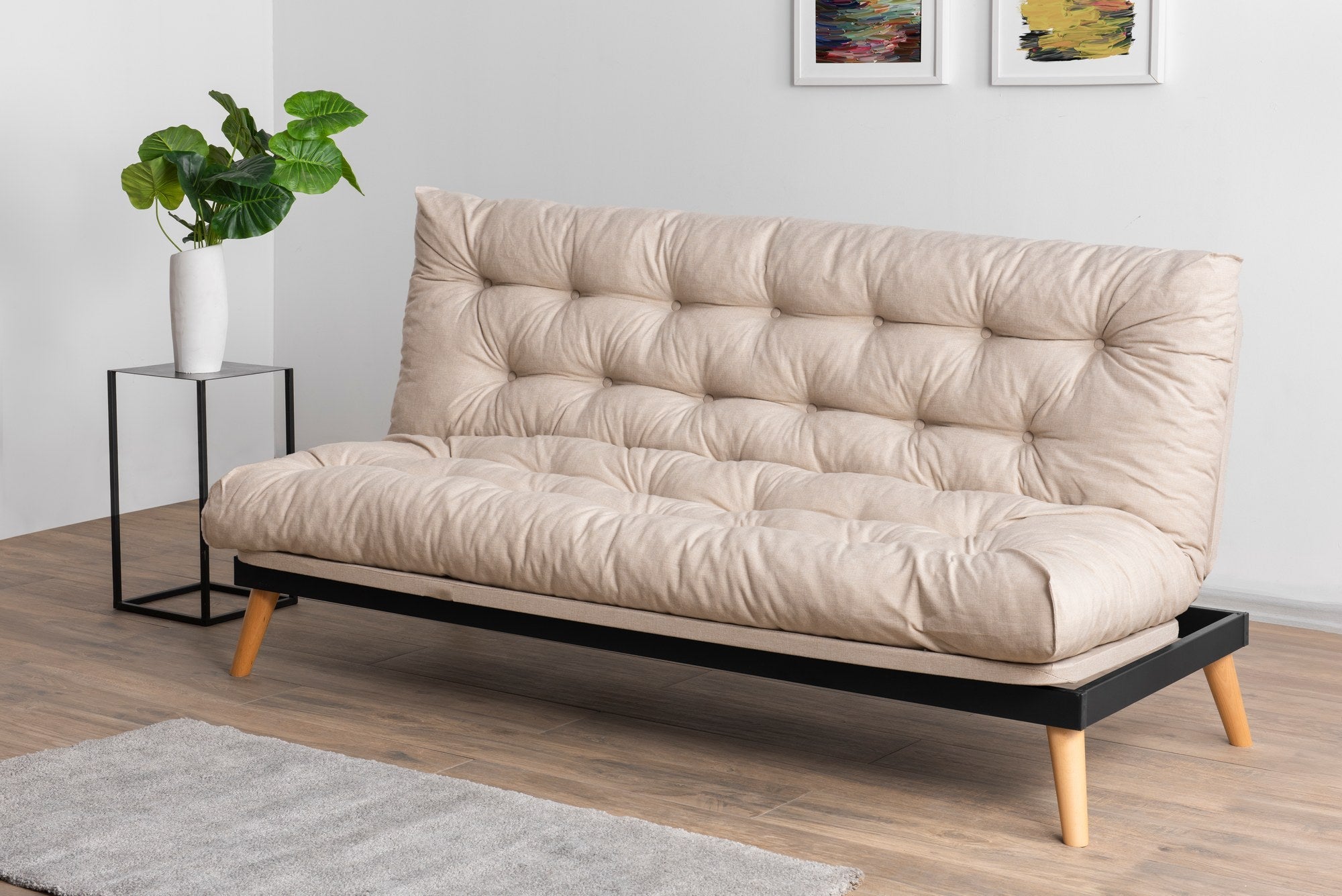 Canapé convertible 3 places, lin crème, 185 x 82 x 92 cm | Structure ...