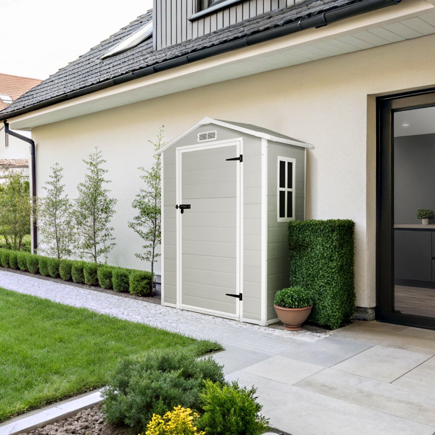 Abri de Jardin en Résine Aqua 1.4 Wasabi avec fenêtre - Gris Blanc - Inclut le Sol - 1,37m2 ...