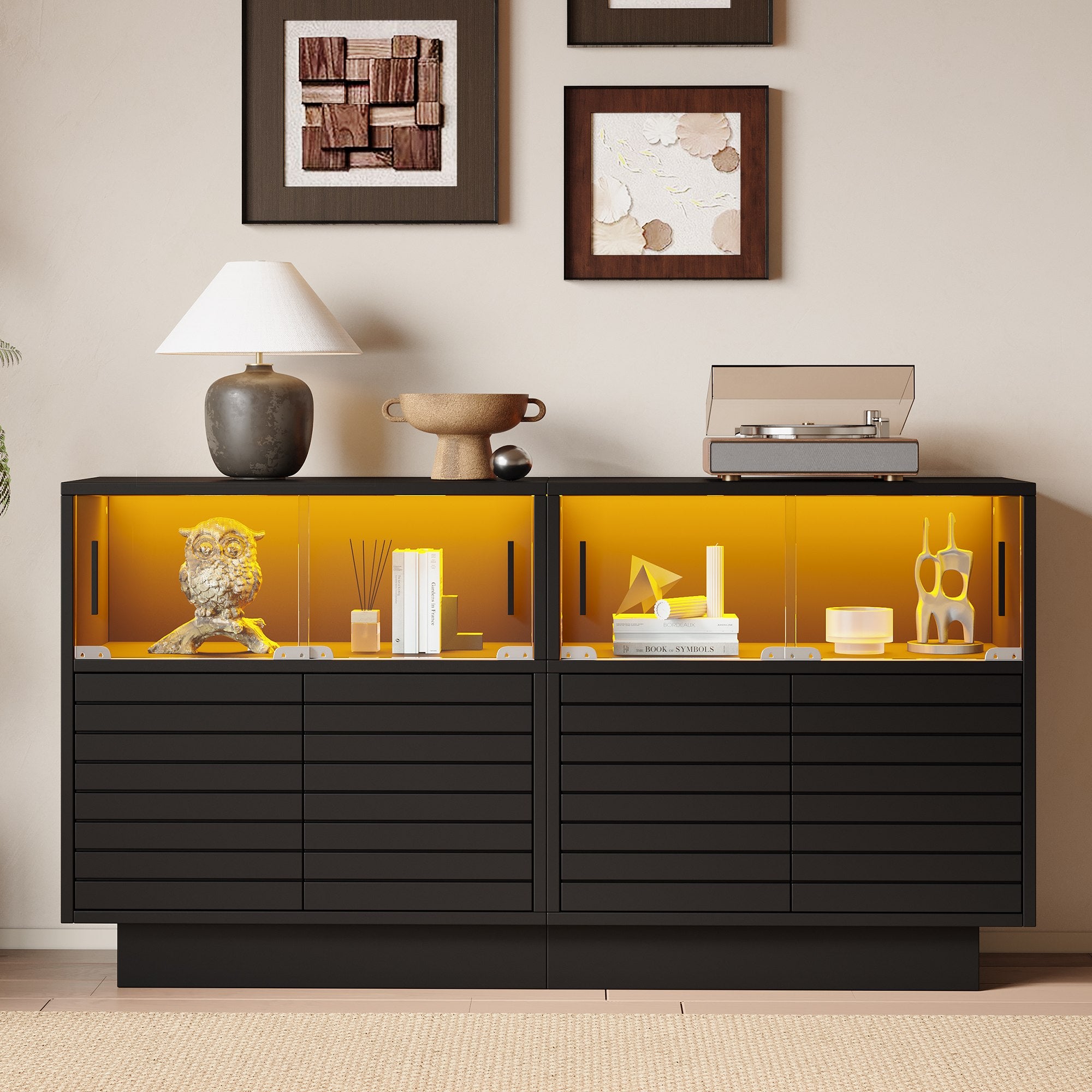 Buffet 130x35x68 cm - 2 cabinets, 4 étagères, portes en verre, avec ...