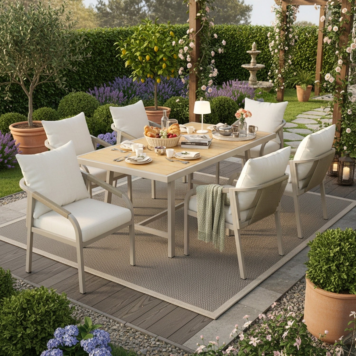 Groupe repas de jardin，Pour 6 personnes，Structure en acier galvanisé ...