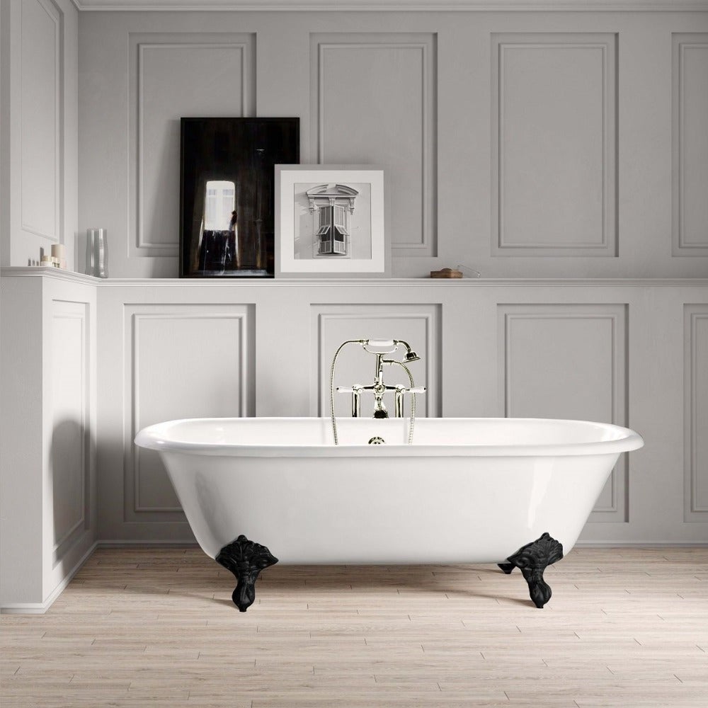 Baignoire sur pieds rétro en fonte PLYMOUTH Blanche 170 cm Pieds noirs ...