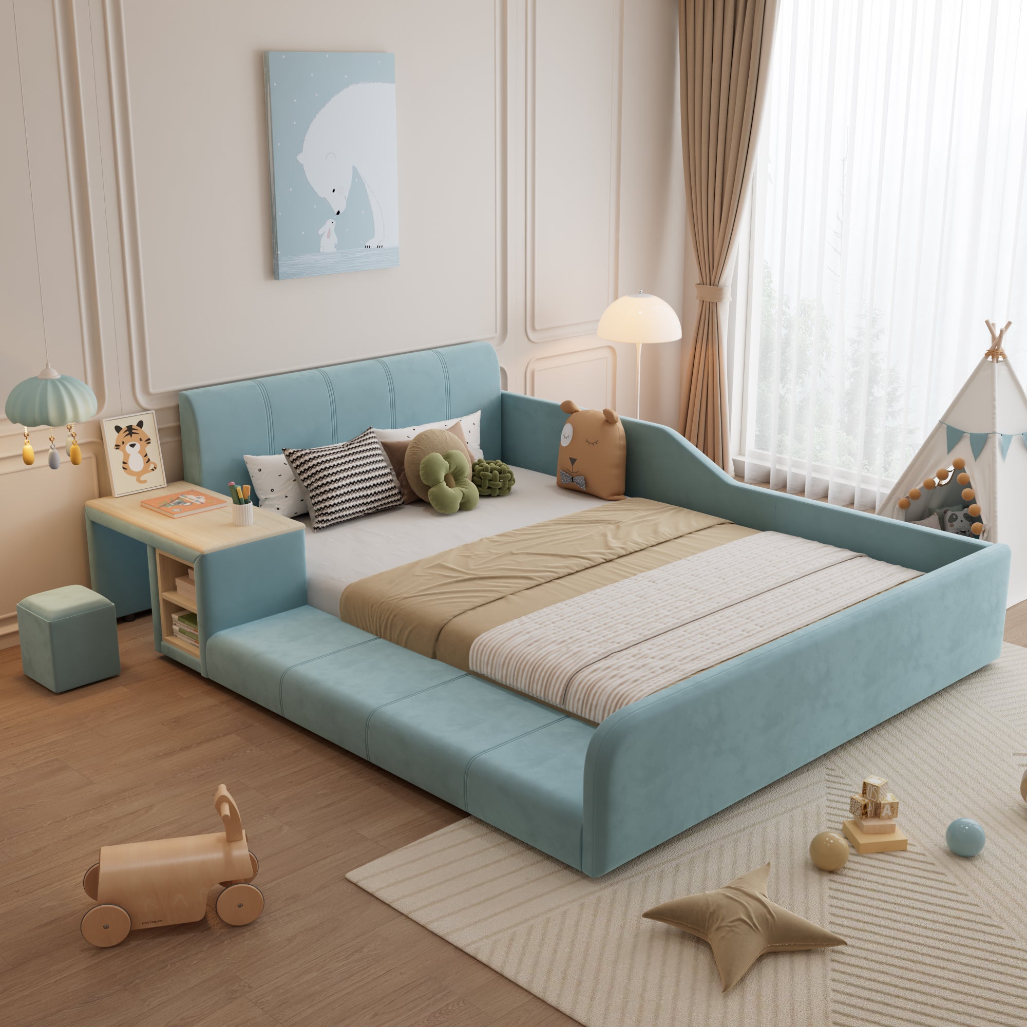 Lit capitonné 140 x 200 cm avec bureau et tabouret - Etagère de ...