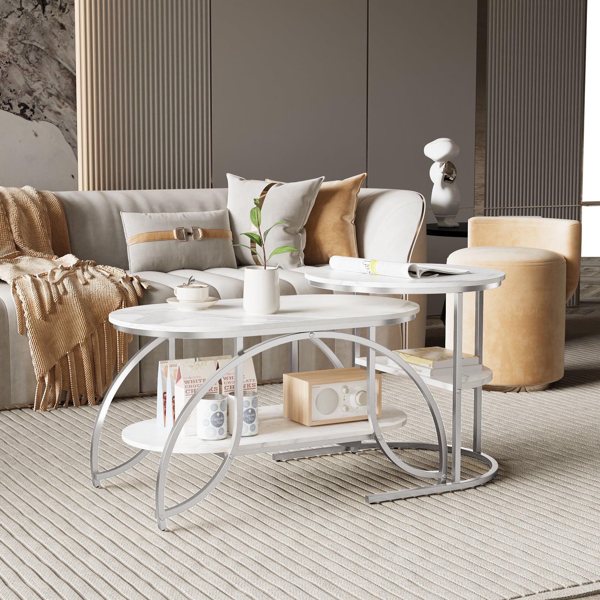 Lot de 2 Tables Basses, Table Gigogne Design Marbre, Étagère ...
