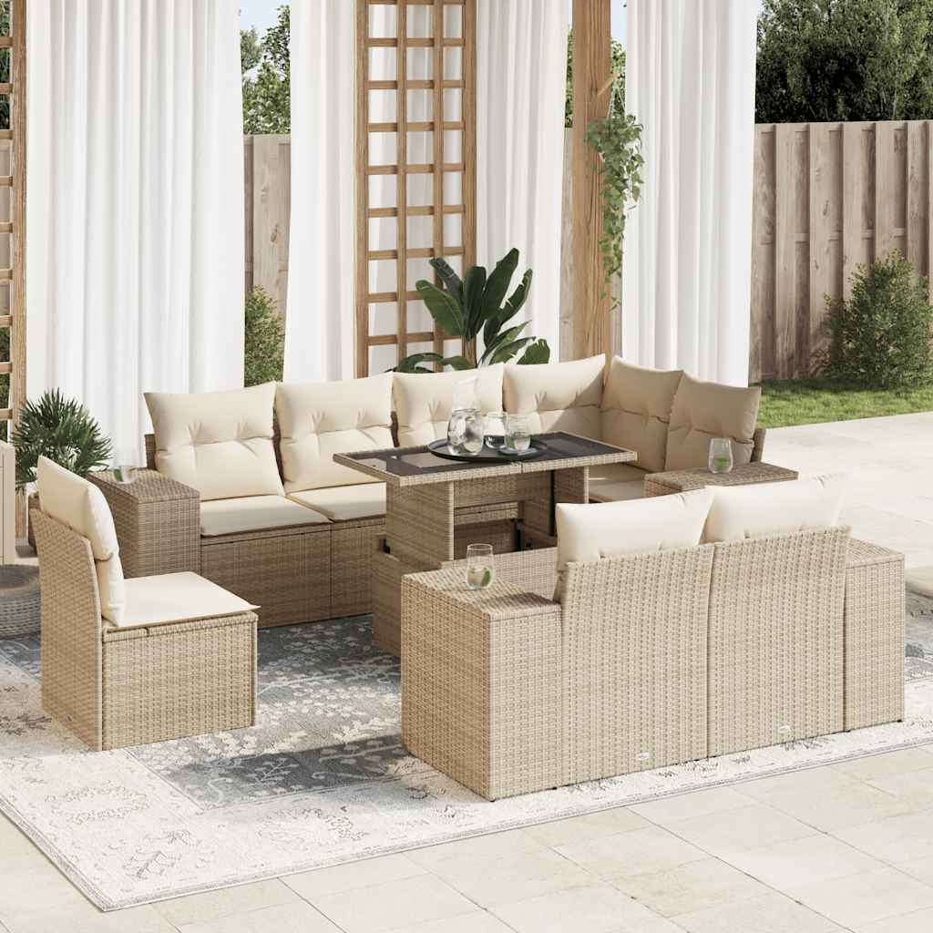 Muebles de jardín con cojines 9 piezas resina tejida beige | Leroy Merlin