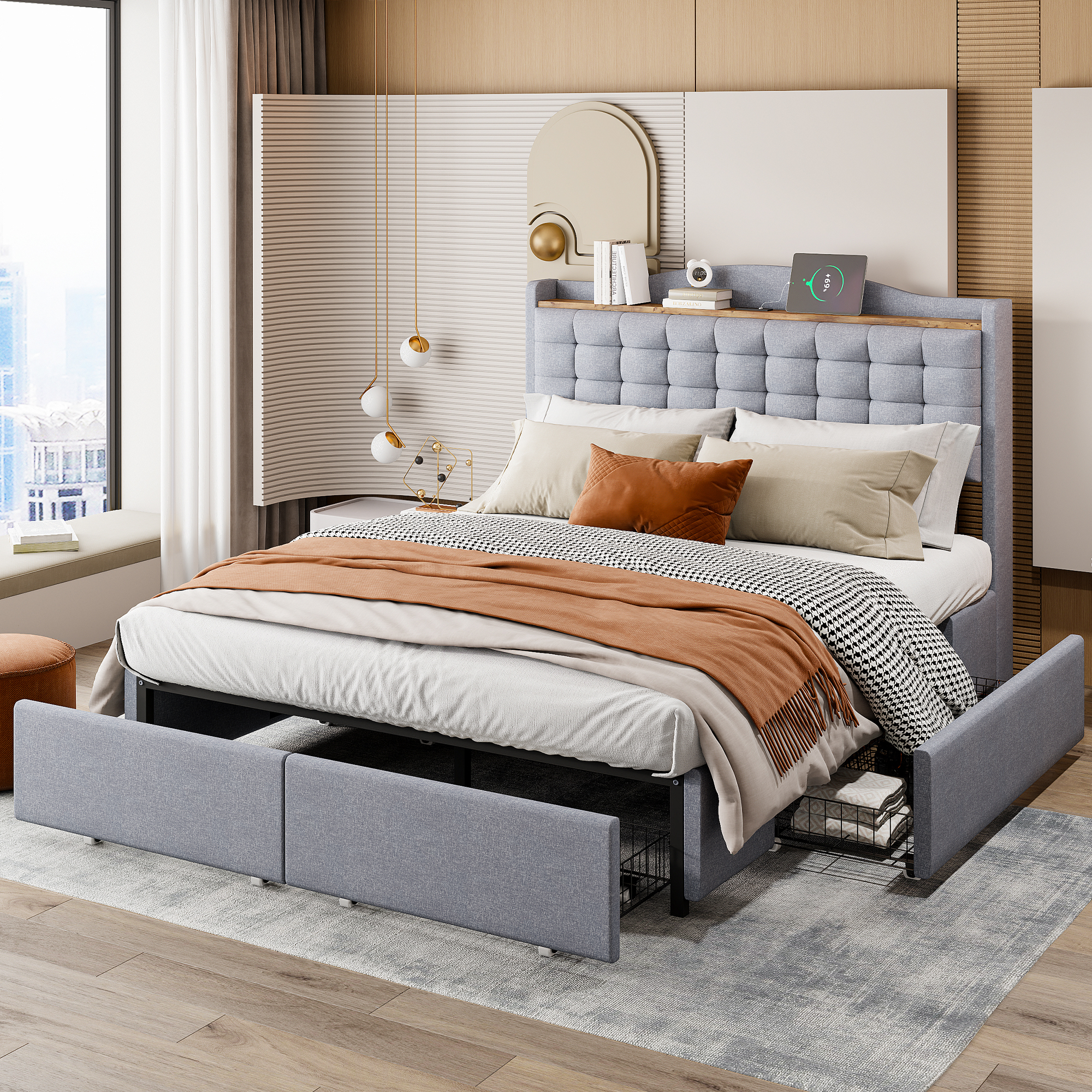 Cama tapizada de 140 x 200 cm, mesita de noche con puerto de carga USB y espacio de ...