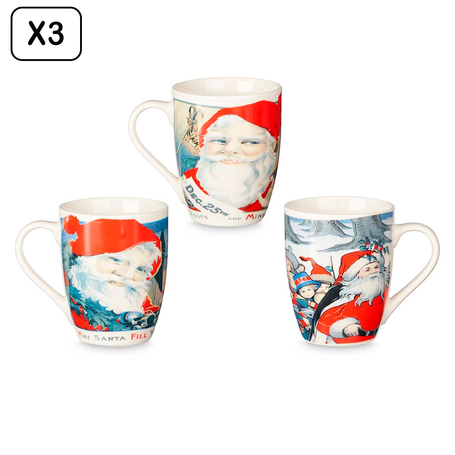Pack de 3 tasses de Noël 350ml. Assortiment de 3 designs de Père Noël ...