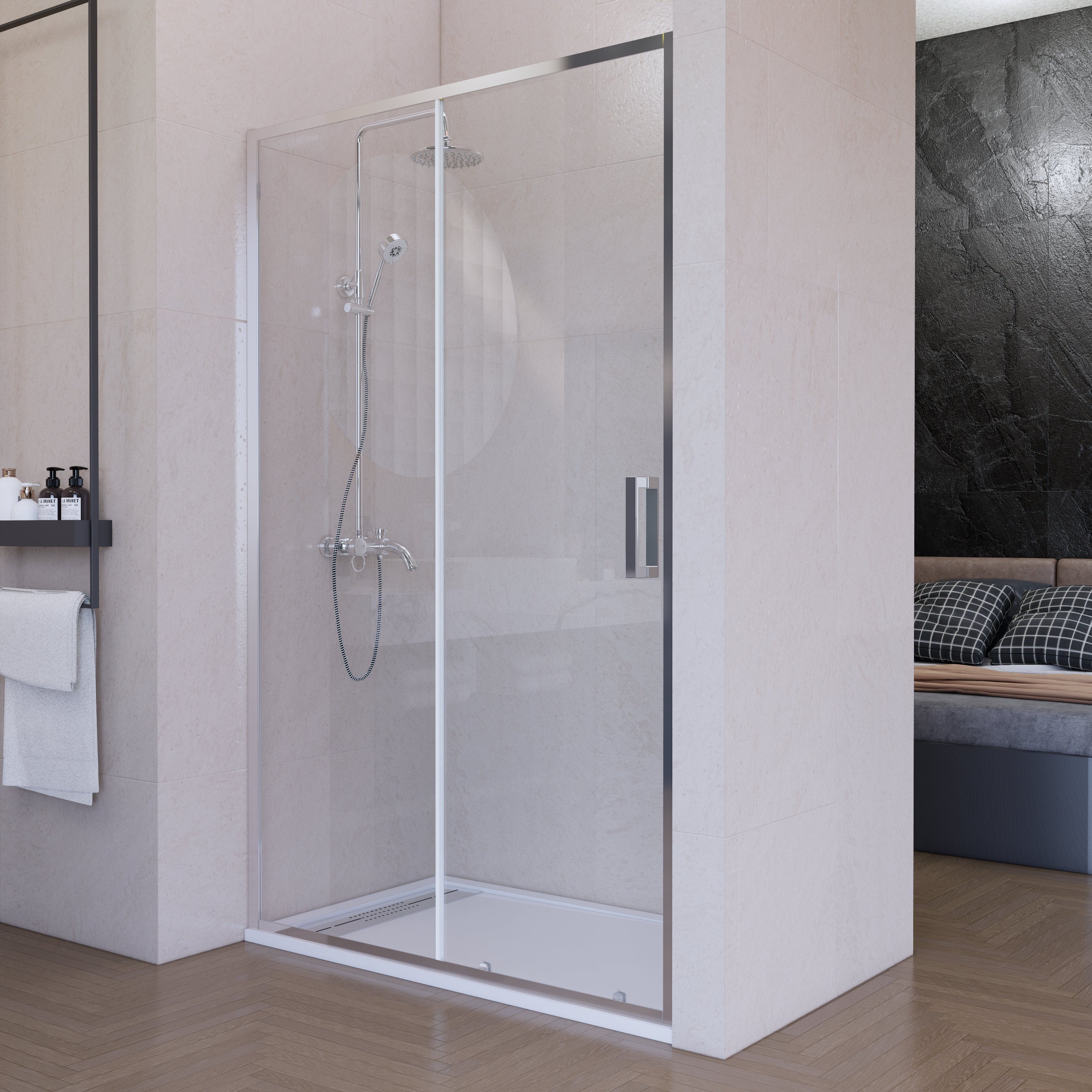 Paroi douche coulissante frontale+fixe-Avec profil bas-Verre 6mm-Argent brillant-Ouverture ...