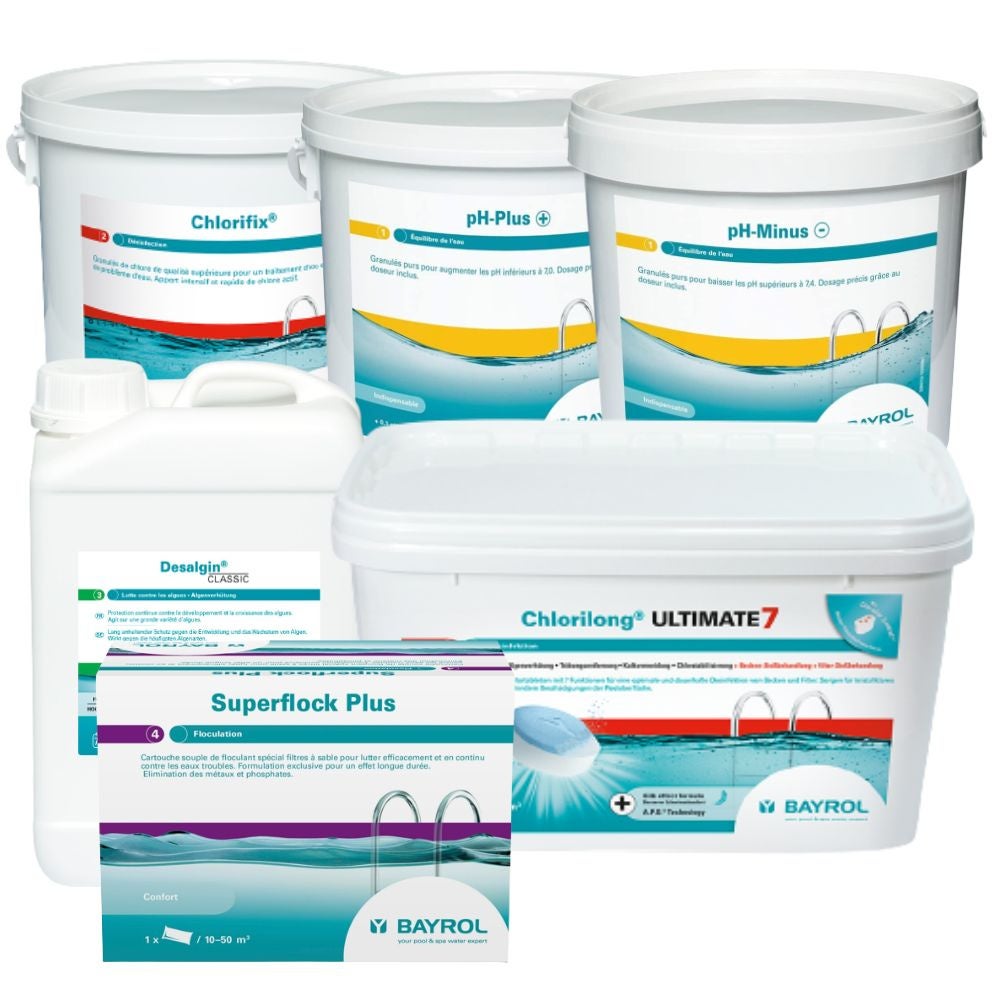 Pack produits Bayrol Piscine 6 produits : 7 fonctions 4,8kg, Choc 5kg ...