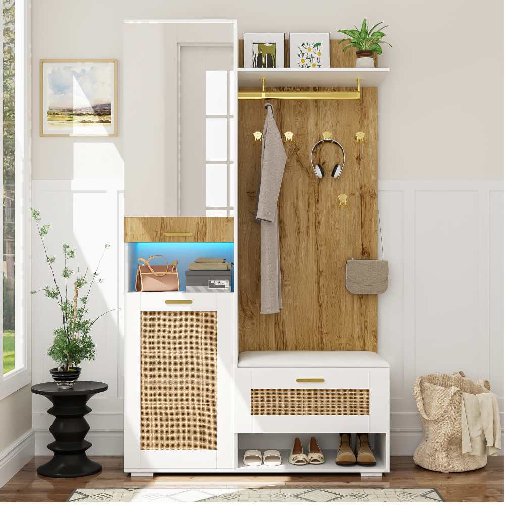 Ensemble de garde-robe moderne Bois et blanc avec miroir, LED, meuble à ...