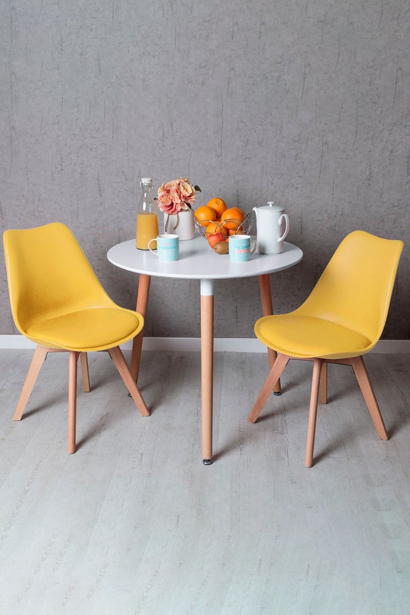 Conjunto Mesa Tower Redonda 80 cm Blanca y Pack 2 Sillas Synk Basic - Amarillo | Leroy Merlin