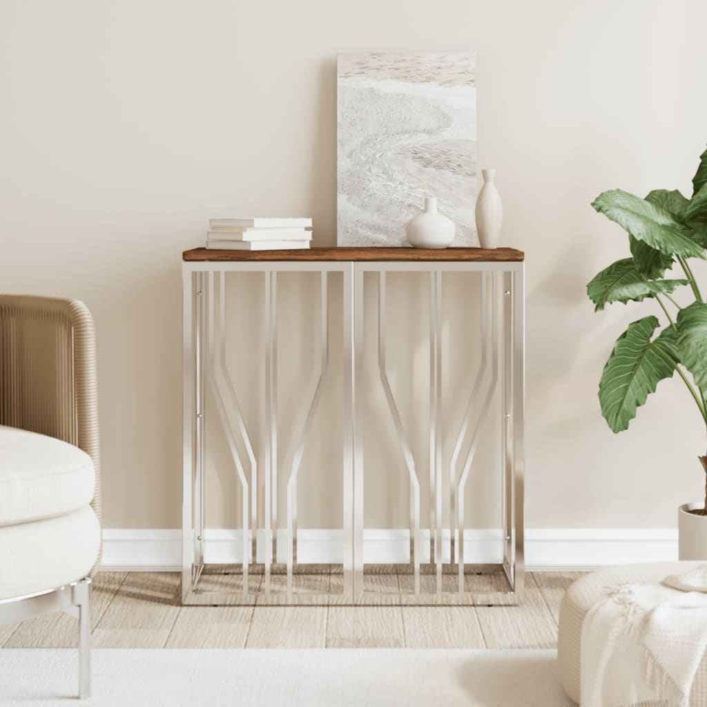 Mesa Consola Plateada De Acero Inoxidable Y Madera Maciza Reciclada