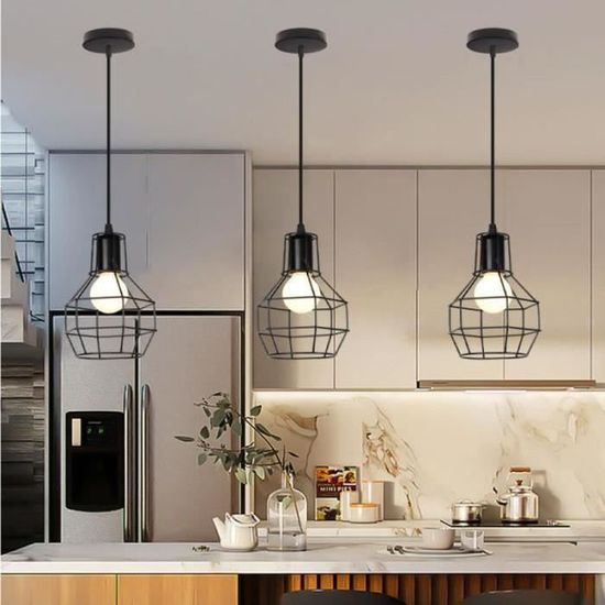 UNI Suspension Lustre Industrielle Vintage Cage en Métal Noir 2PCS ...