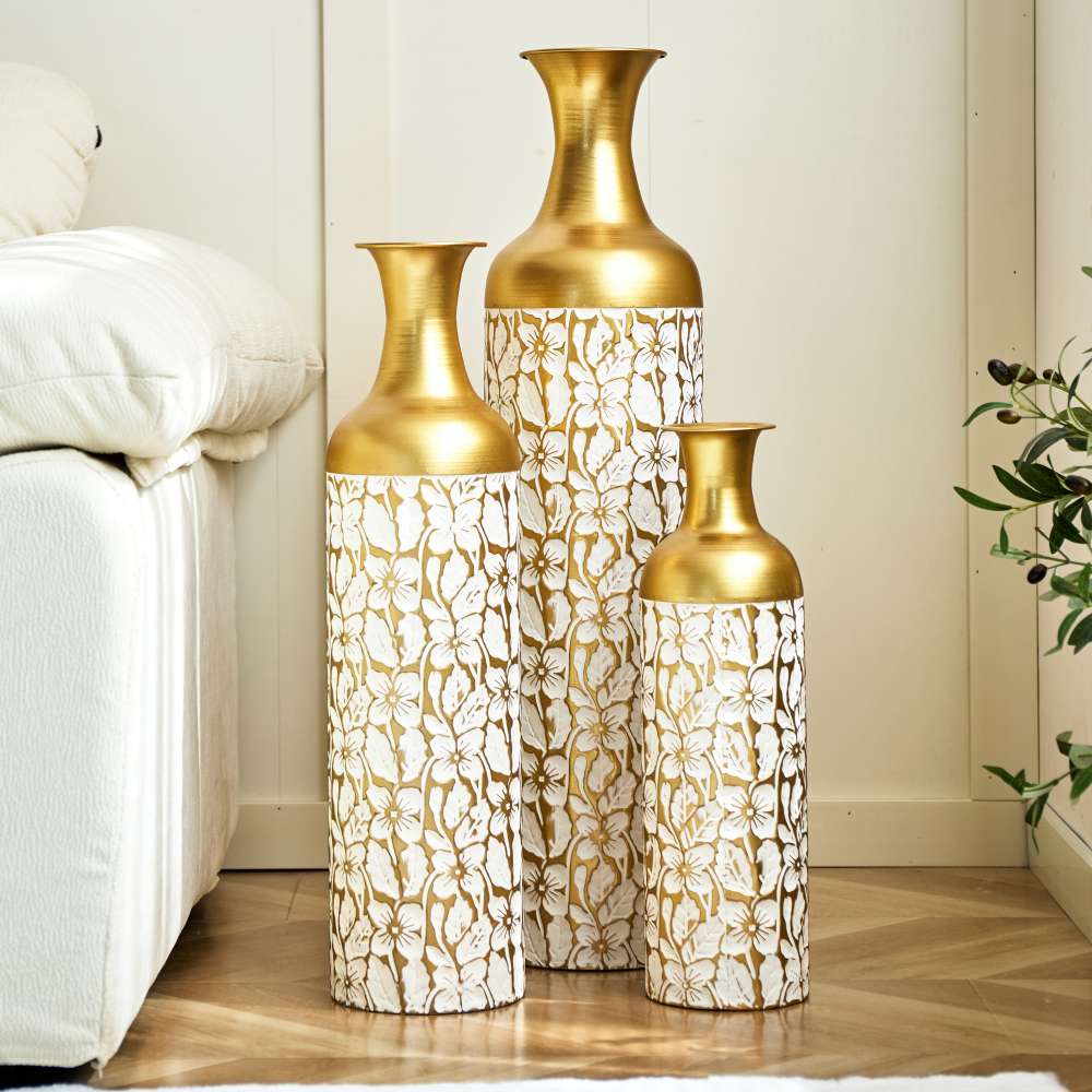 Ensemble de 3 vases de sol en métal blanc doré – Hauteurs 83/65/50 cm ...